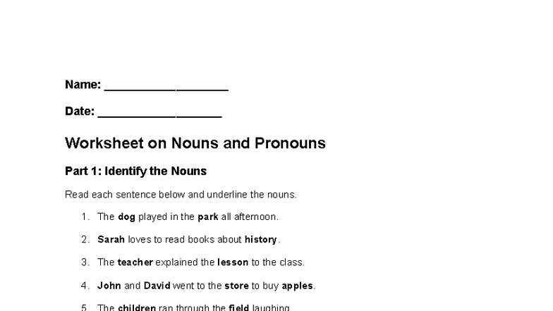 Nouns and Pronouns Worksheet 1: Identify and Select - Studocu