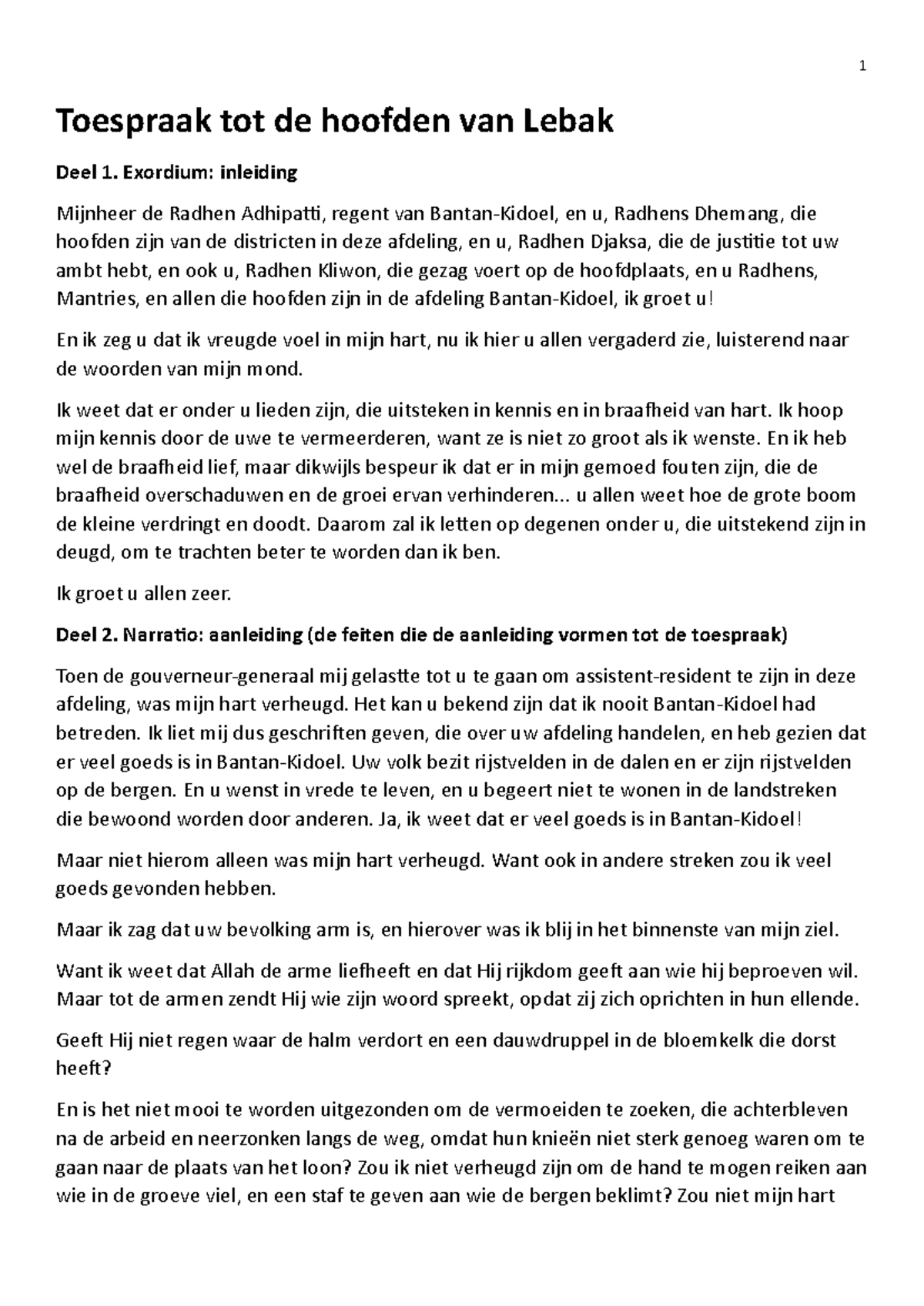 Toespraak aan de Hoofden van Lebak: Een Oproep tot Samenwerking - Studocu