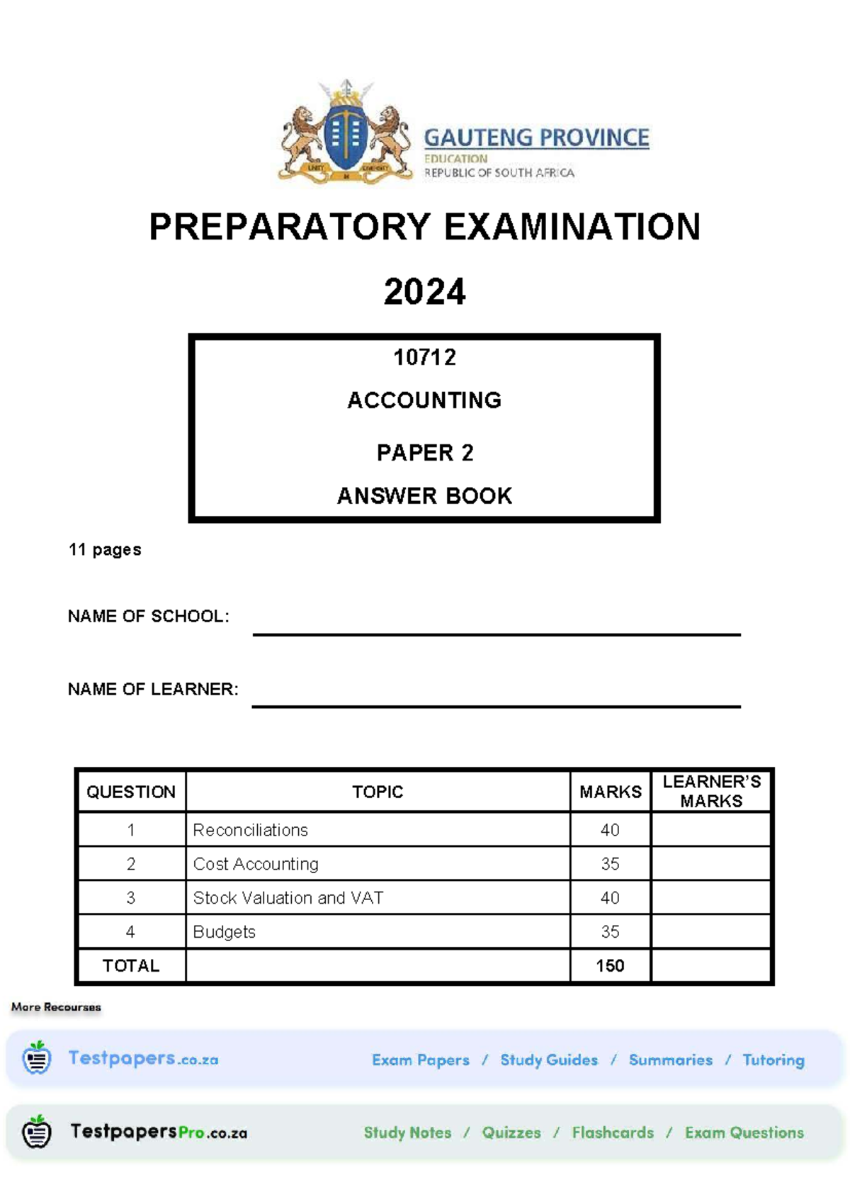 Gr 12 Accounting P2 (10712) Preparatory Exam 2024 Answer Book - Studocu