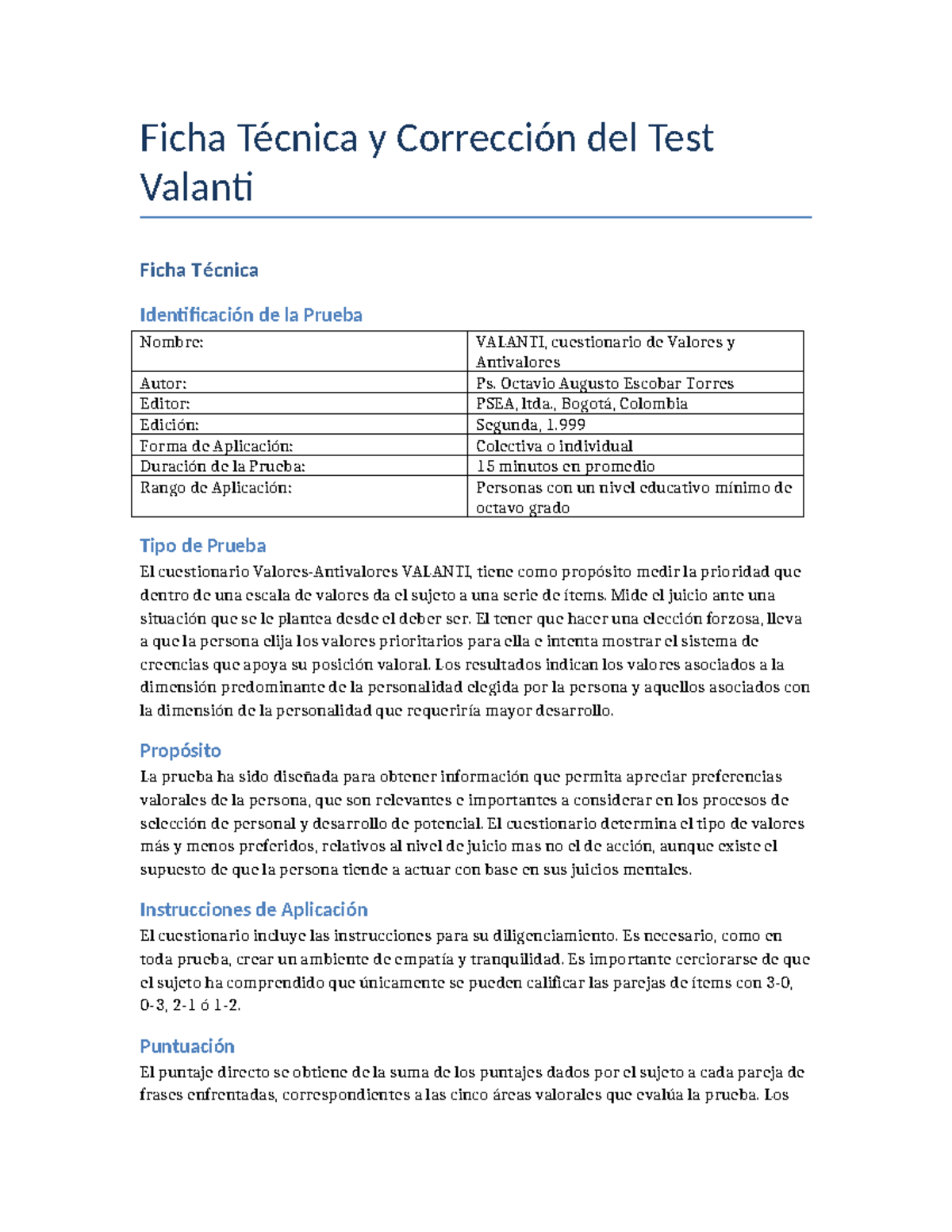 Ficha Técnica del Test VALANTI: Valores y Antivalores - Studocu