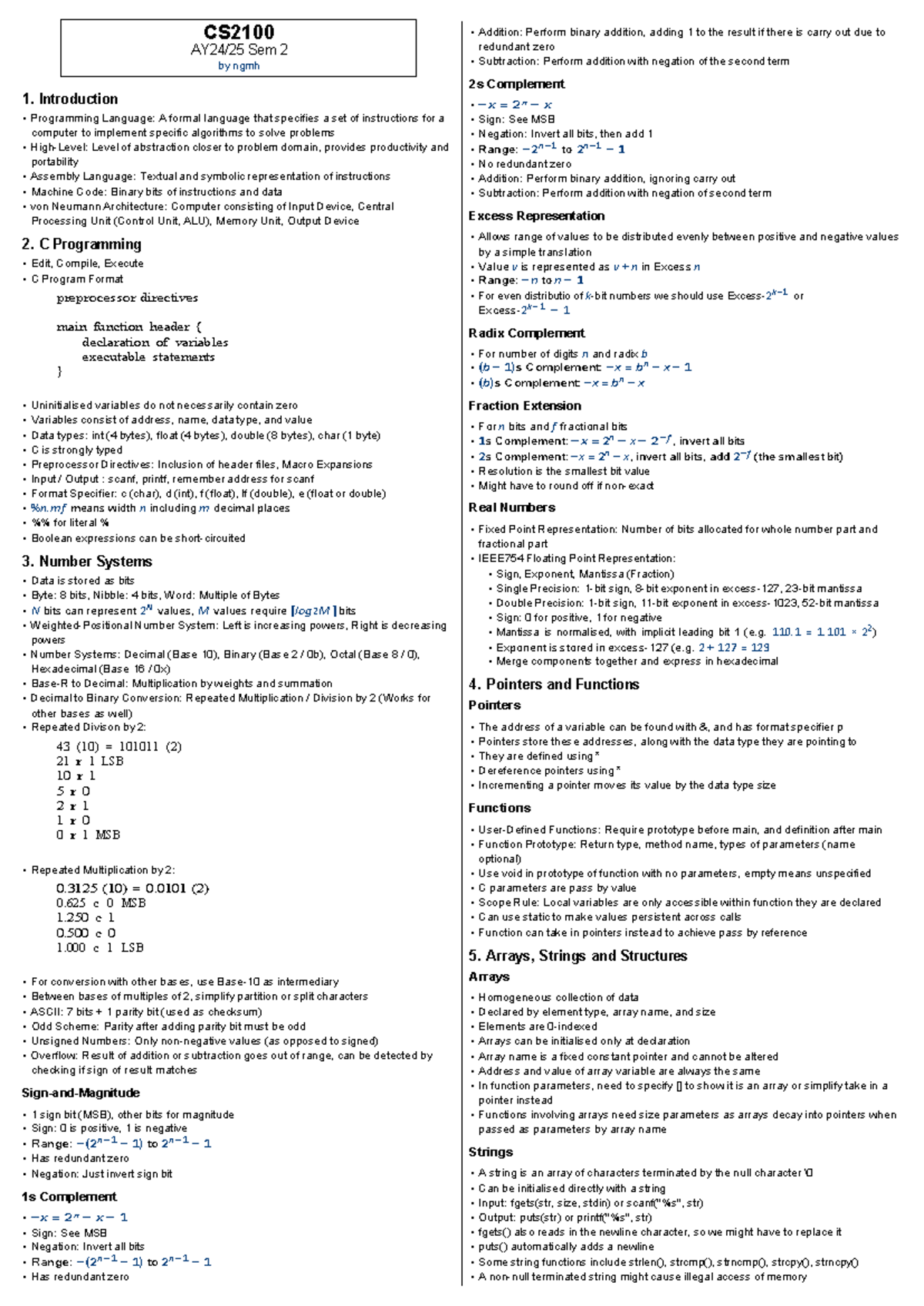 CS2100 Midterm Cheatsheet: Binary Operations & C Programming - Studocu