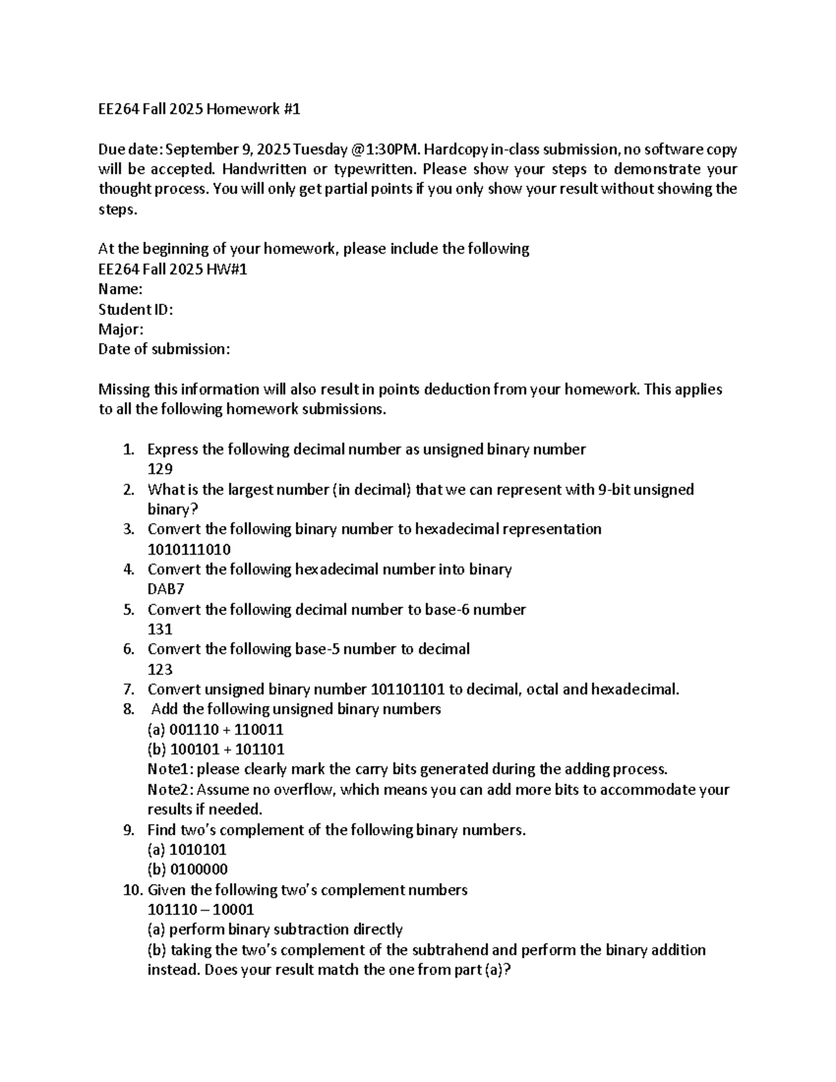 EE264 Fall 2025 Homework #1: Binary & Base Conversion Tasks - Studocu