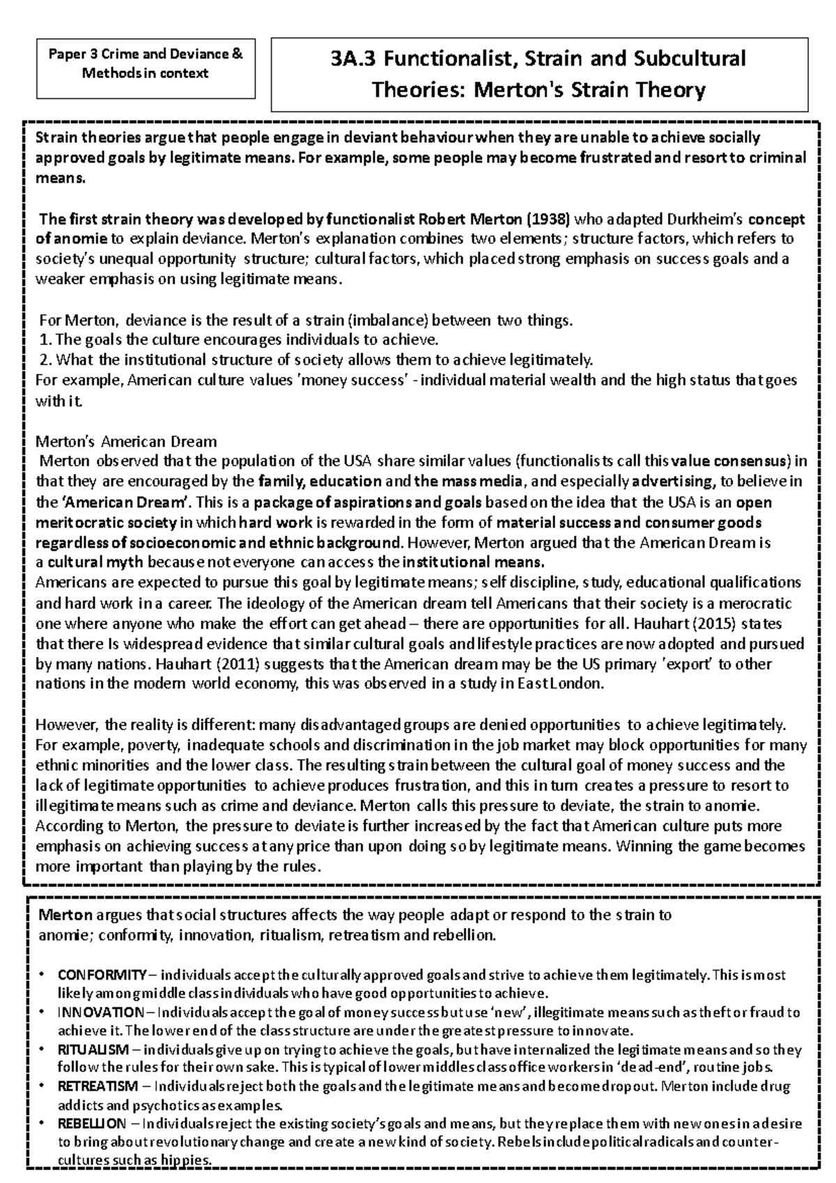 Merton's Strain Theory: Insights on Crime, Deviance, & Society - Studocu