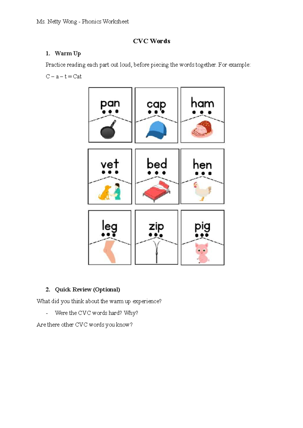 CVC Words Practice Worksheet - Ms. Netty Wong - Studocu