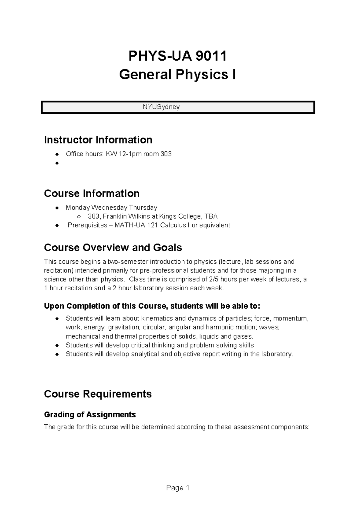 9011 General Physics I NYUSydney Course Outline and Instructor Info ...