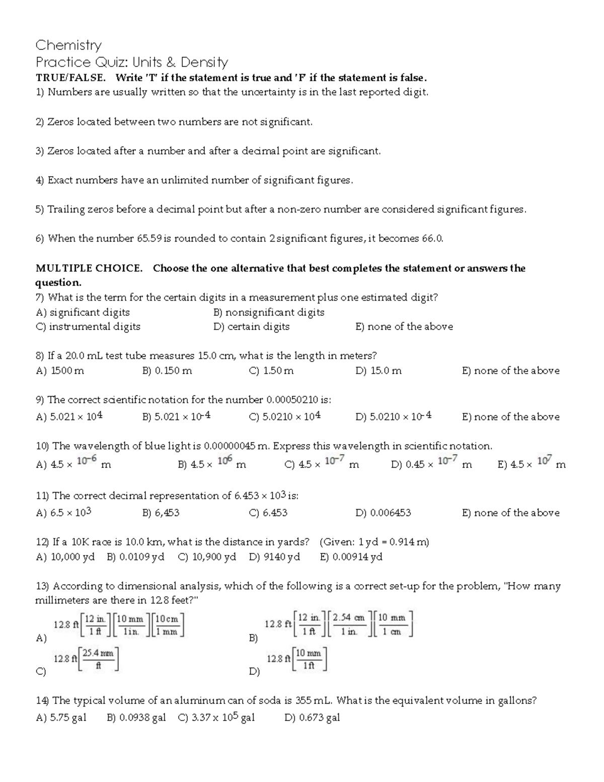 Chemistry Practice Quiz: Density Units and Significant Figures - Studocu