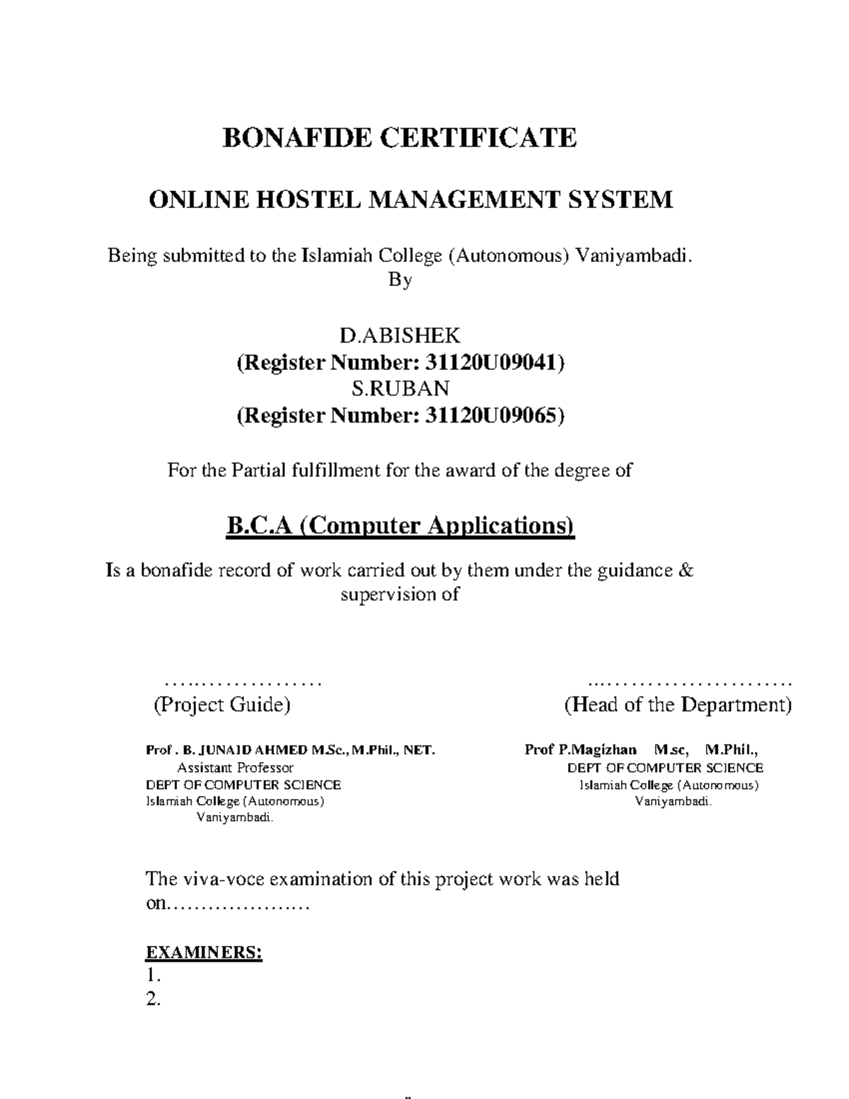 Hostel Management System Project Report - BCA Final Year 1 - Studocu