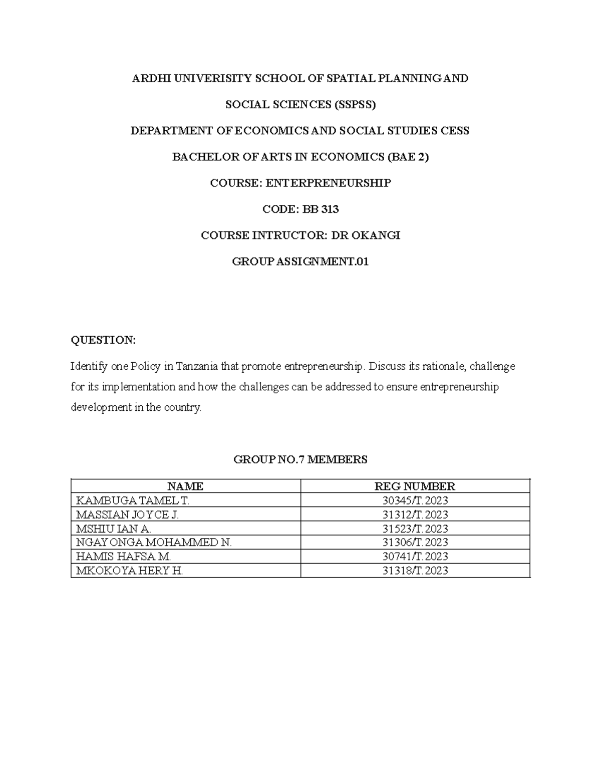 BB 313 Group Assignment: Analyzing Tanzania's National Economic ...