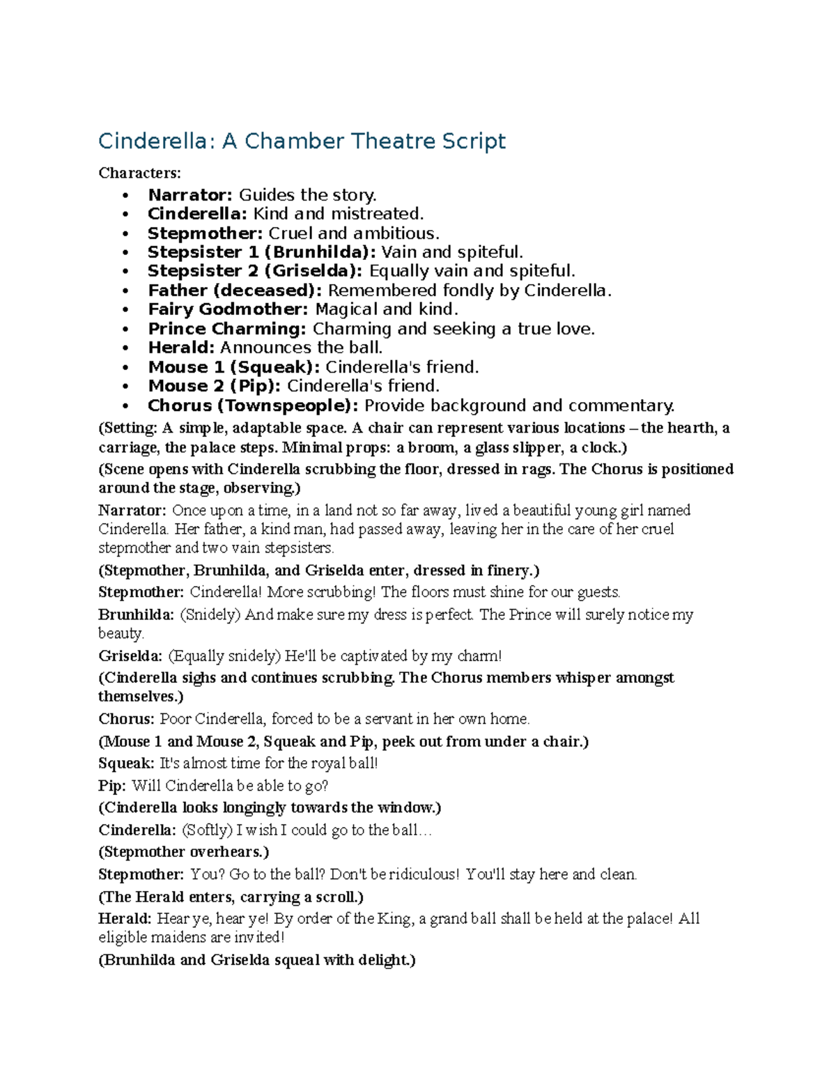 Cinderella: Chamber Theatre Script for Class Performance - Studocu