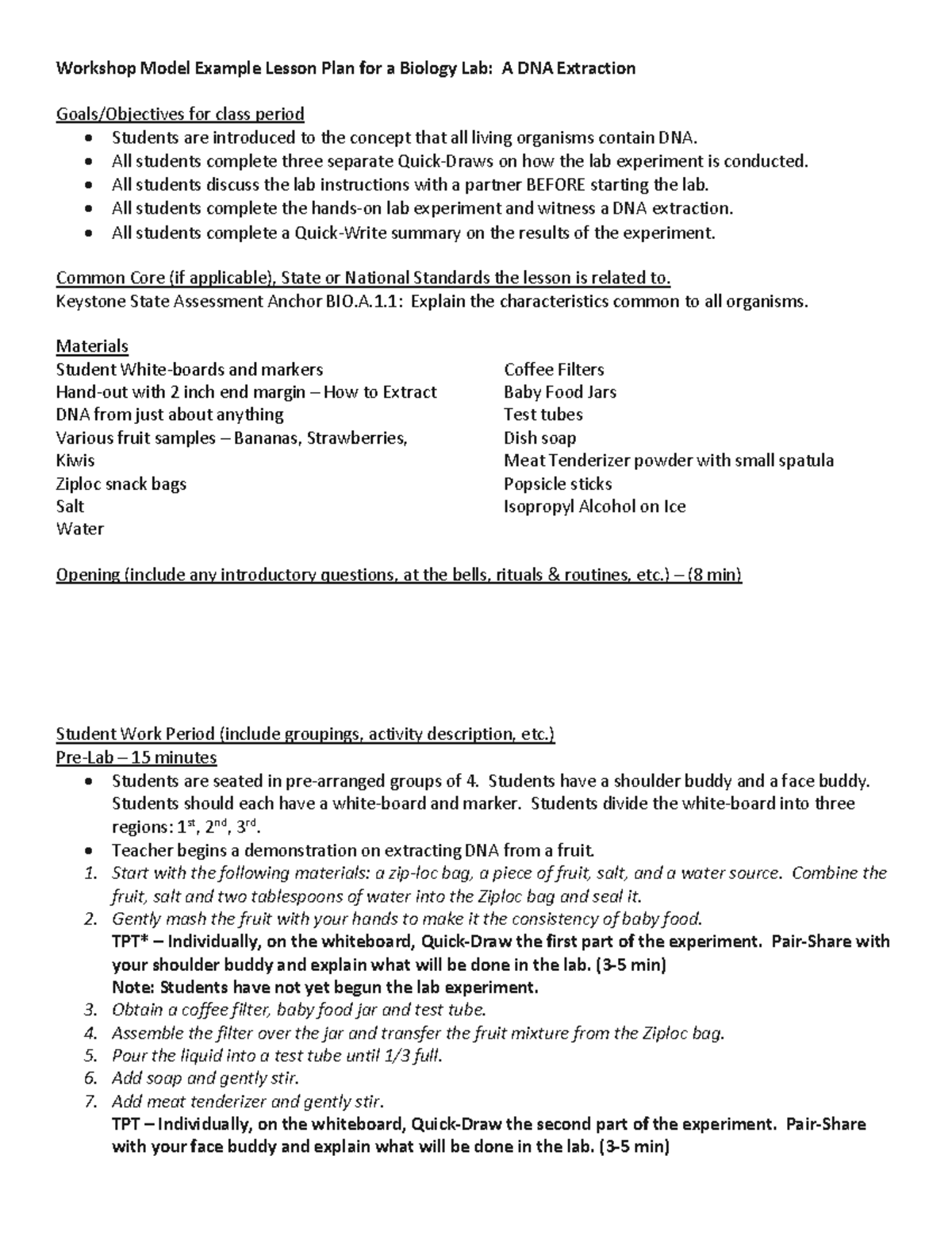 Biology Lab Lesson Plan: DNA Extraction Workshop Model - Studocu