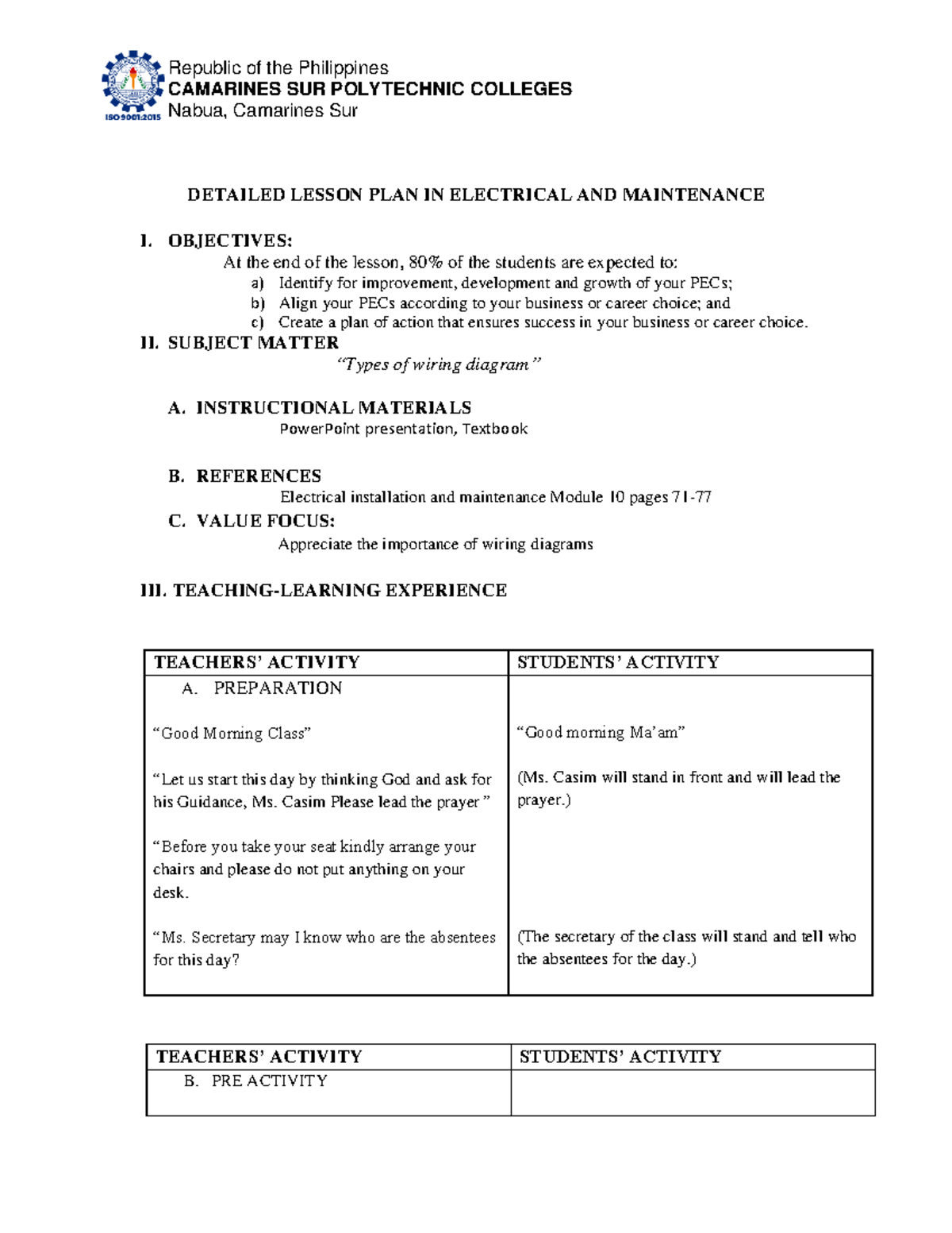 Detailed Lesson Plan in Electrical Wiring Diagrams (ENG 101) - Studocu