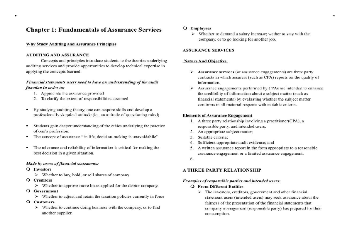 Auditing Theories Chapter 1 - Chapter 1: Fundamentals of Assurance Services Employees Whether to ...