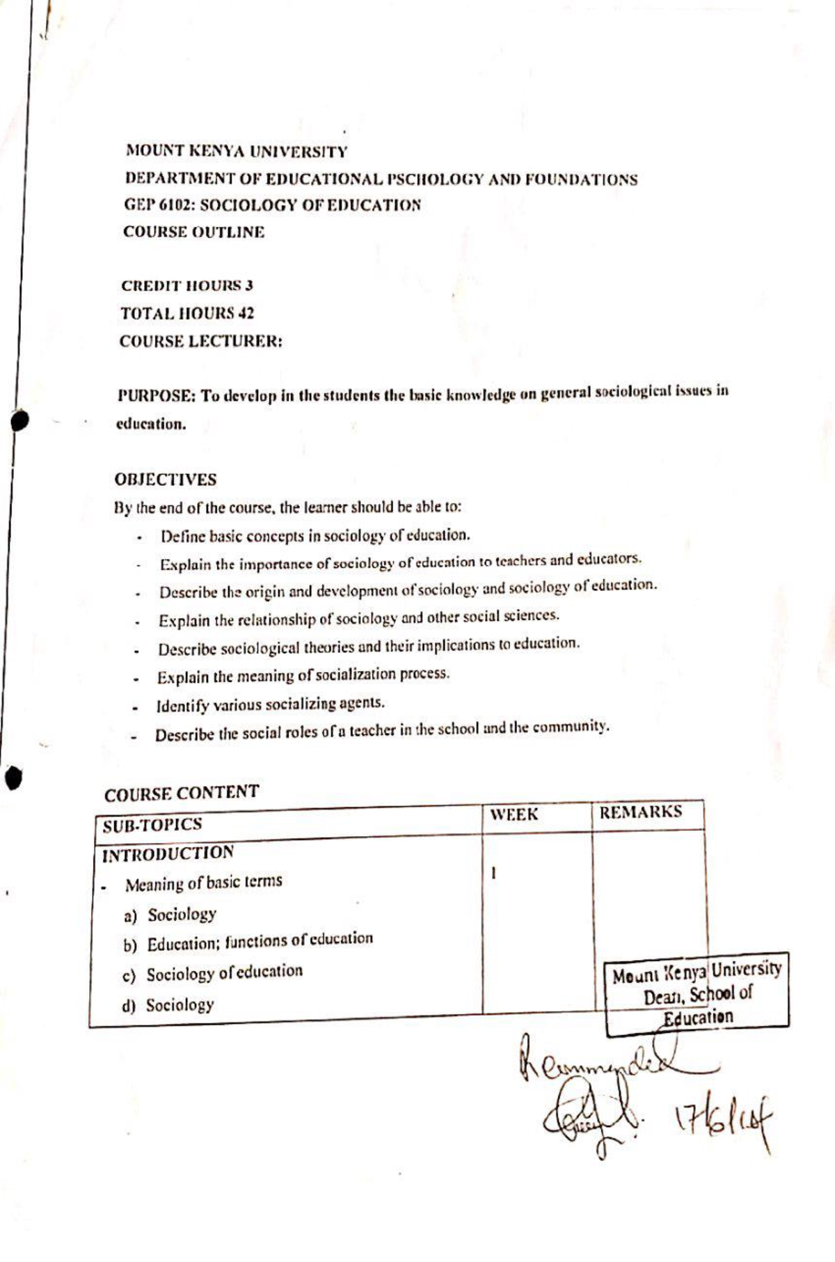 GEP 6102: Sociology of Education Course Outline - Mount Kenya ...
