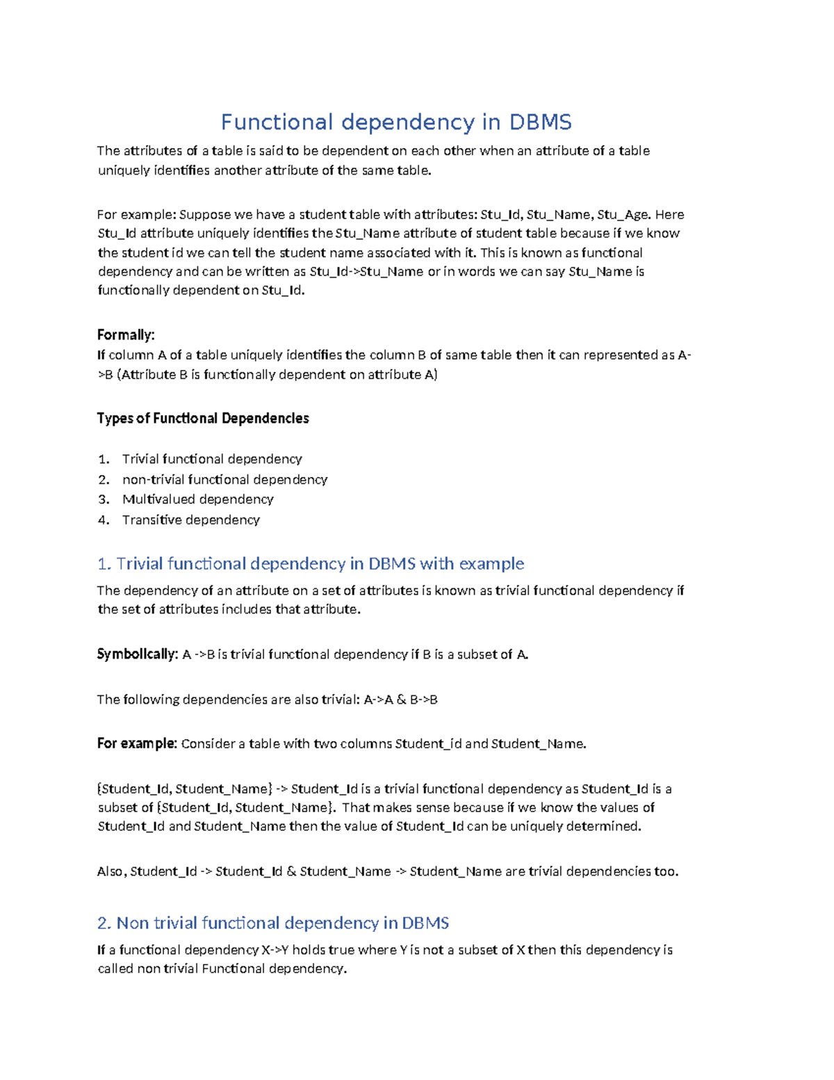 Functional Dependency Concepts in DBMS: Types & Examples - Studocu