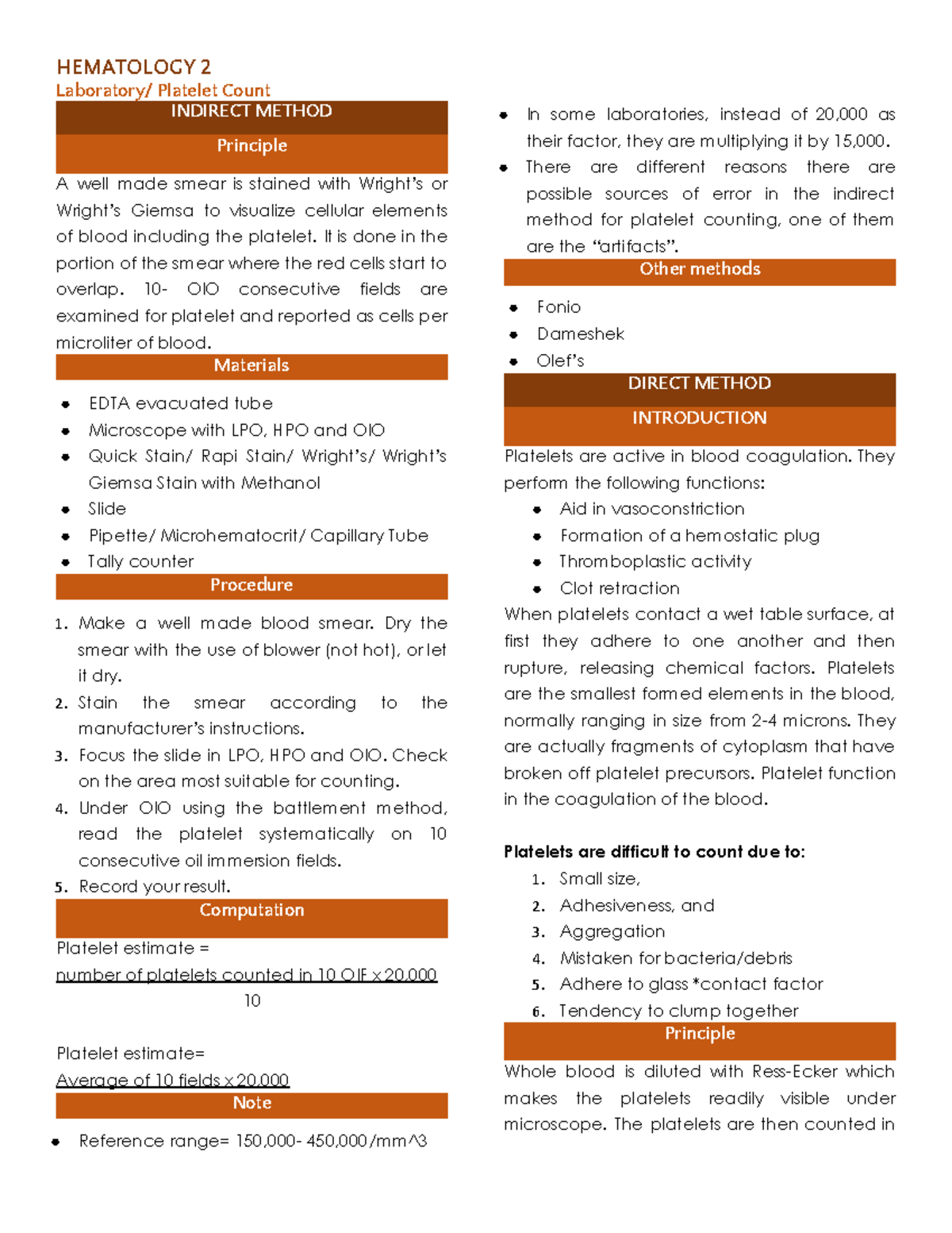 Plateletcountdirectindirect - HEMATOLOGY 2 Laboratory/ Platelet Count ...