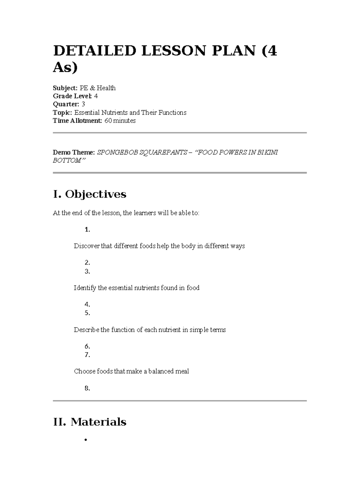 DETAILED LESSON PLAN: PE Health Grade 4 - Essential Nutrients - Studocu