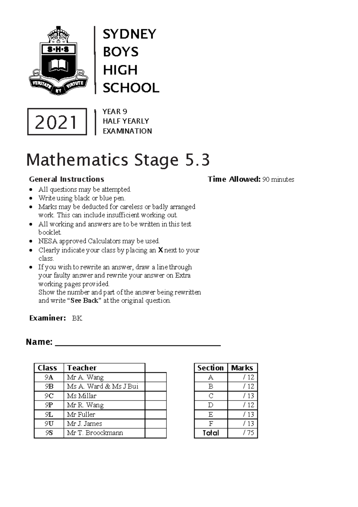 SYDNEY BOYS HIGH SCHOOL 2021 YEAR 9 MATHEMATICS HALF YEARLY EXAM PAPER ...