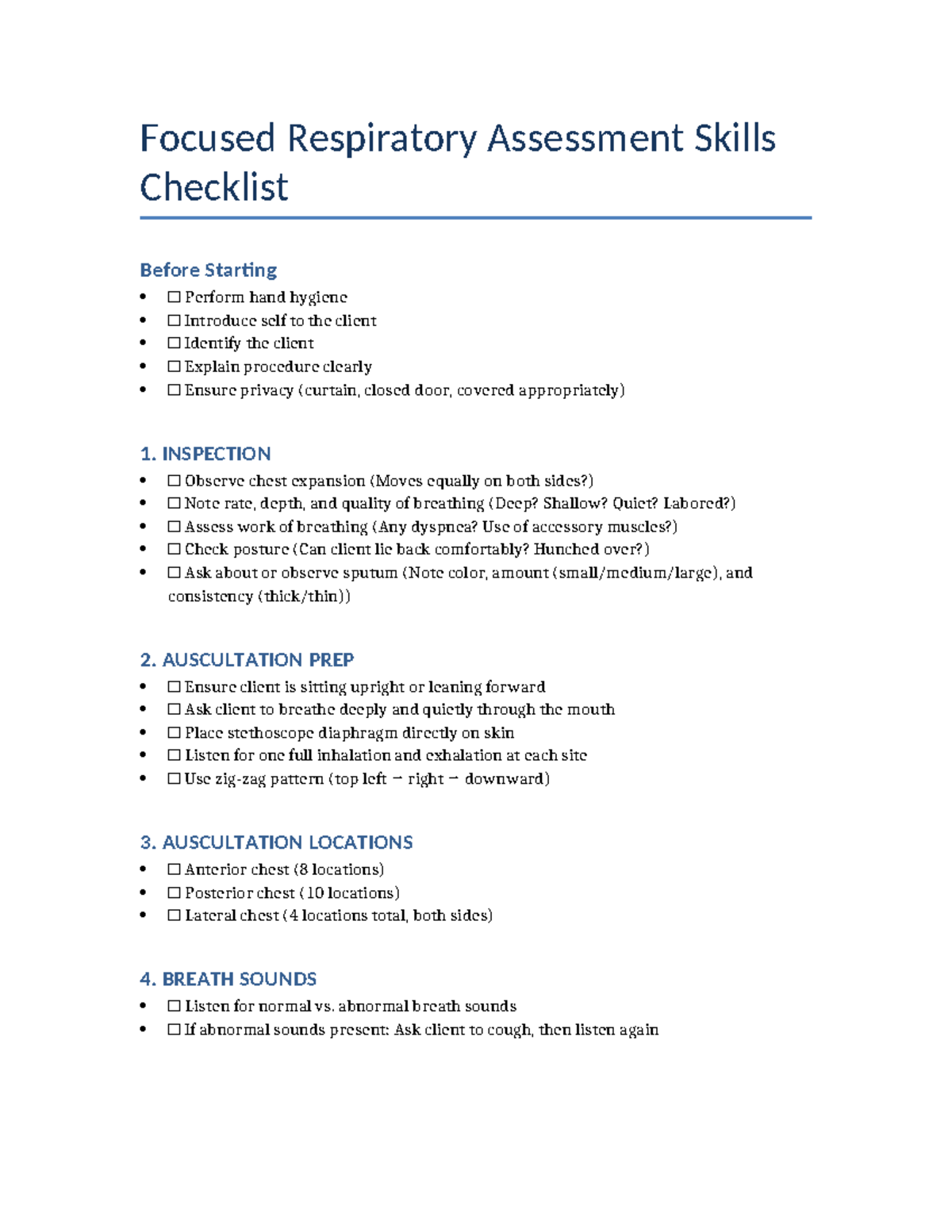 Focused Respiratory Assessment Skills Checklist for Clinical Practice ...