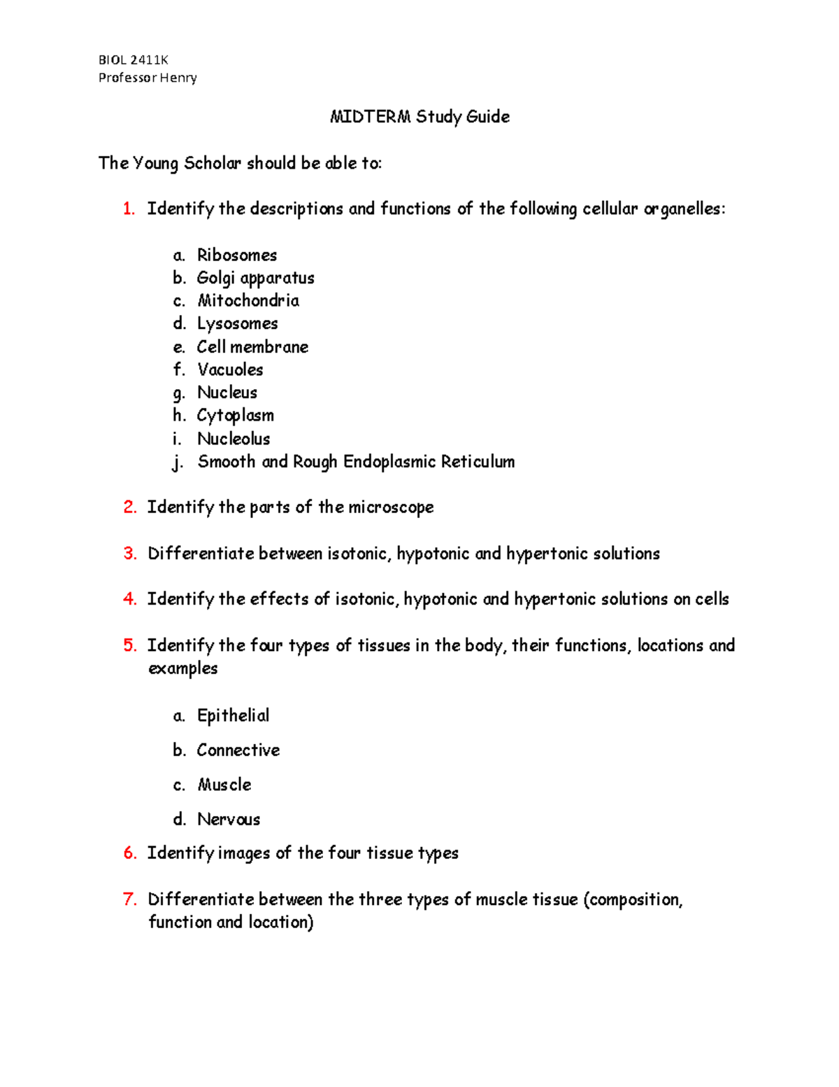 BIOL 2411K Midterm Study Guide: Cellular Structures & Functions - Studocu
