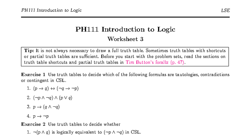 PH111 Worksheet 03 - Logic Truth Tables & Exercises - Studocu
