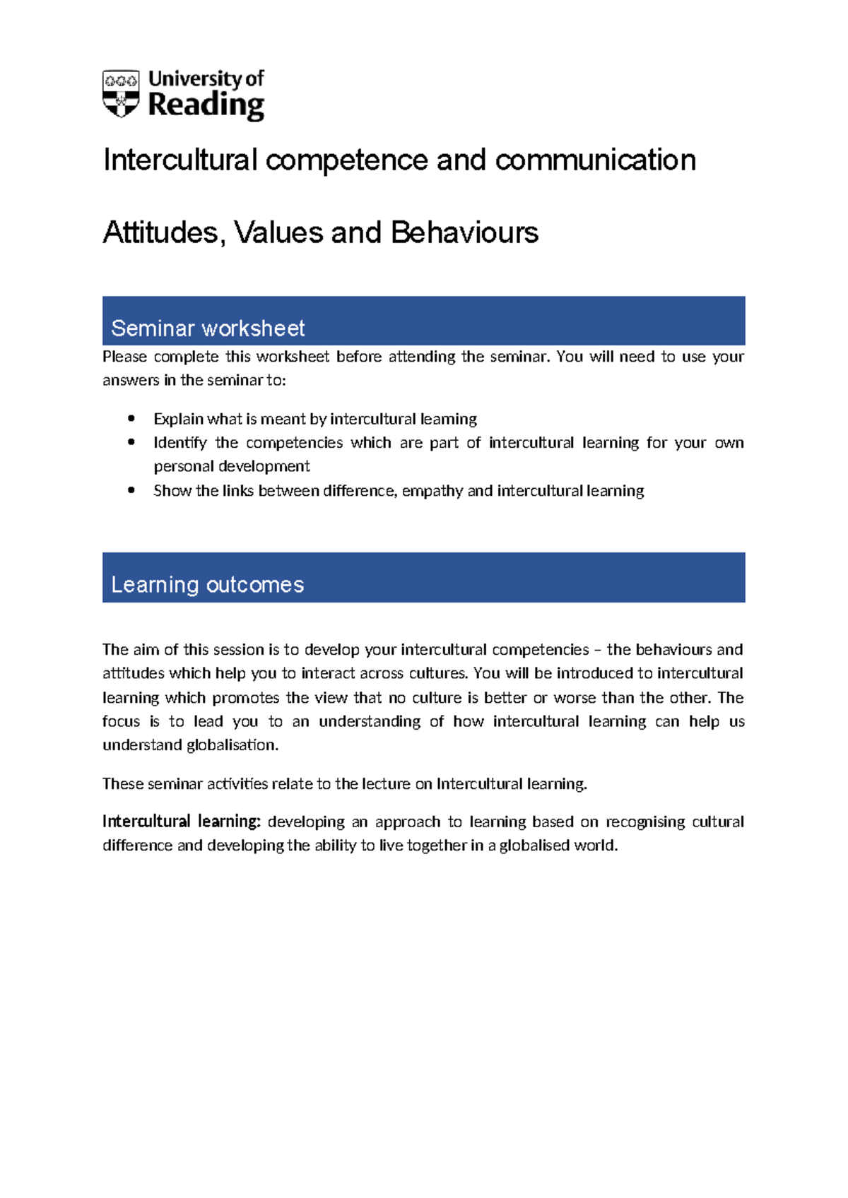 Seminar Worksheet - Intercultural Competence and Communication (LAW ...