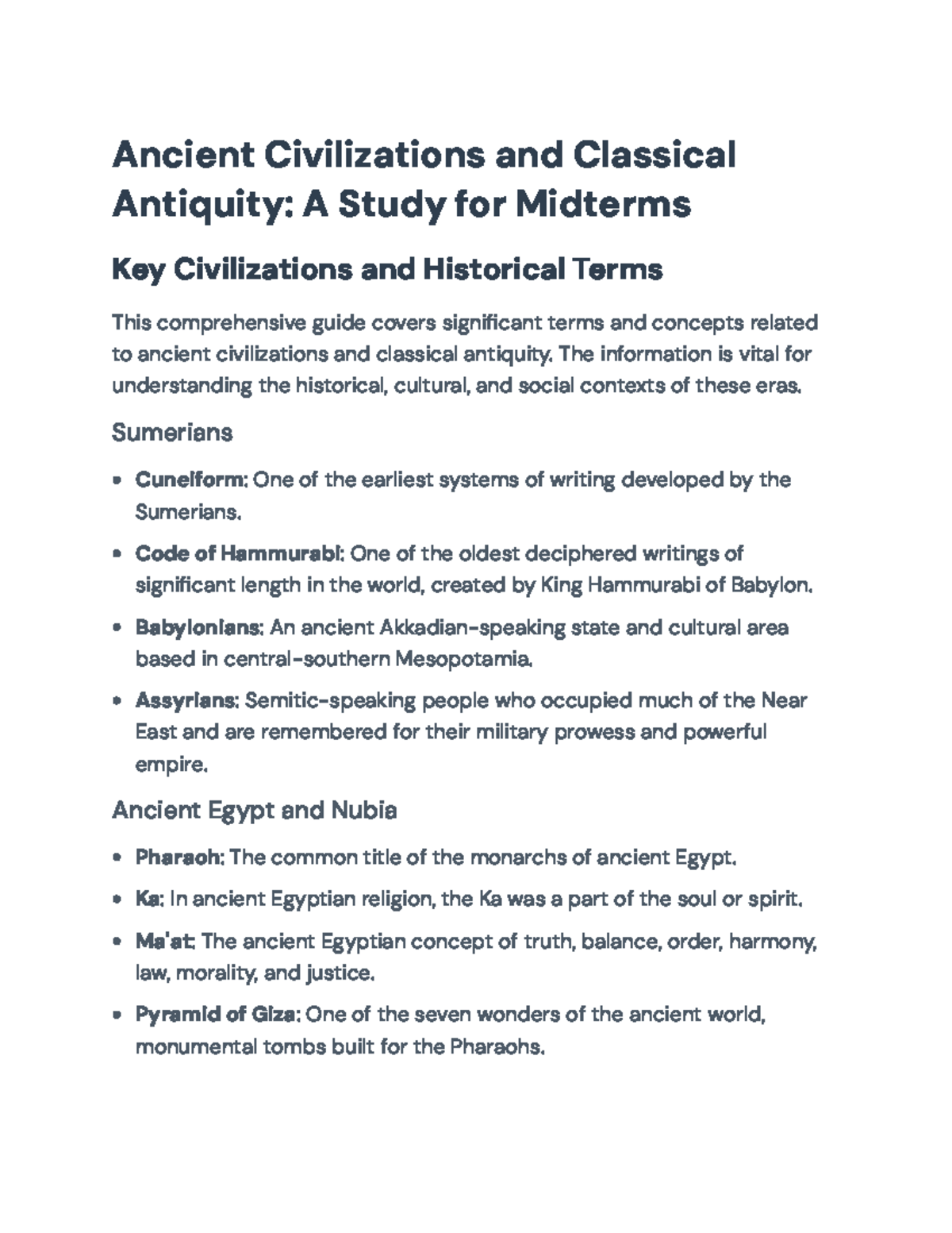 Ancient Civilizations Study Guide for Midterms: Key Terms & Concepts ...