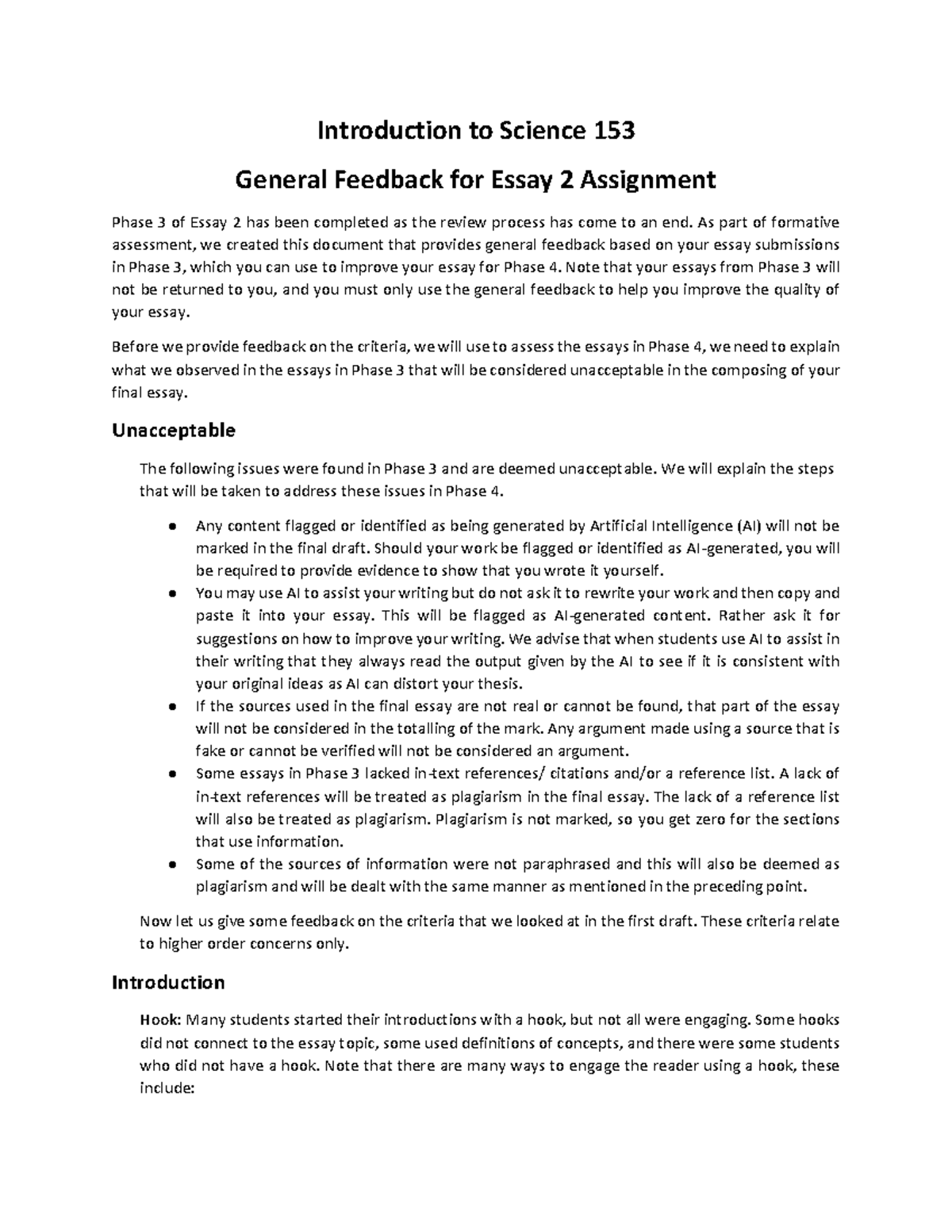 Introduction to Science 153 General Feedback for Essay 2 Phase 4 - Studocu