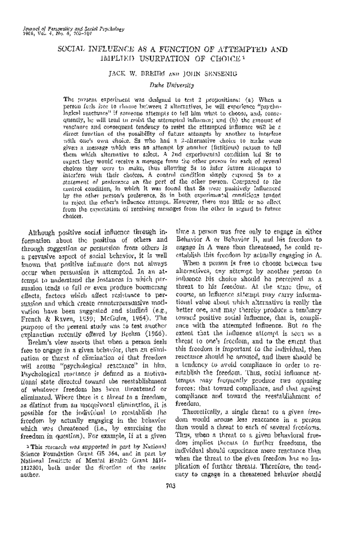 Social Influence and Psychological Reactance: An Experimental Study ...