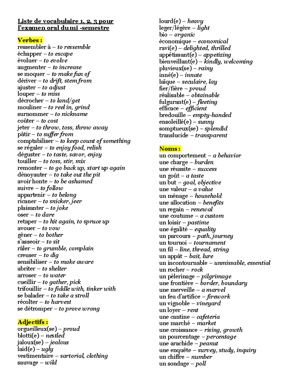 Liste de vocabulaire 1, 2, 3 pour l'examen oral du mi-semestre - Studocu