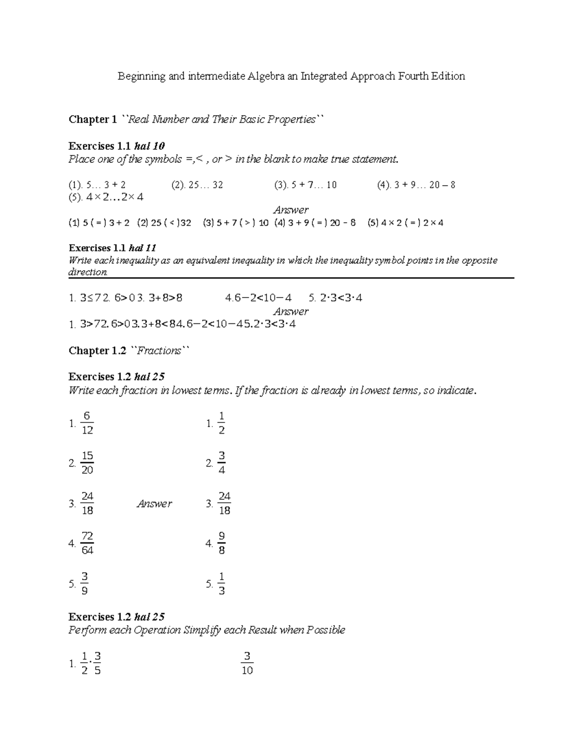 Beginning and Intermediate Algebra: Integrated Approach Ch. 1 Exercises ...