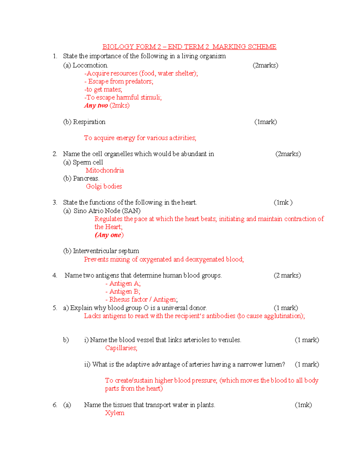 Biology Form 2 Term 2 Marking Scheme and Study Guide - Studocu
