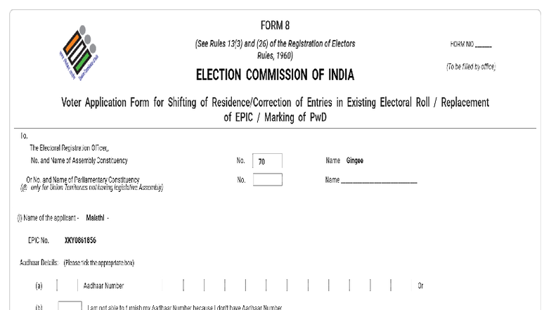 Voter Application Form 8 For Shifting Corrections In Electoral Roll