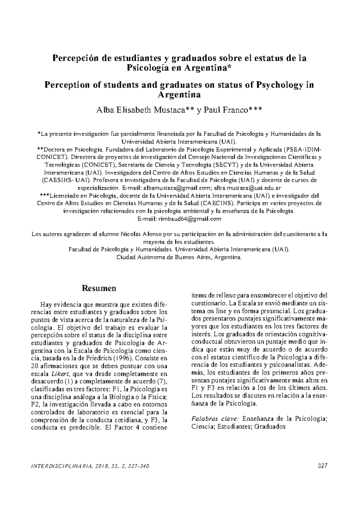 Copia de Mustaca y Franco - Percepción de estudiantes y graduados sobre ...