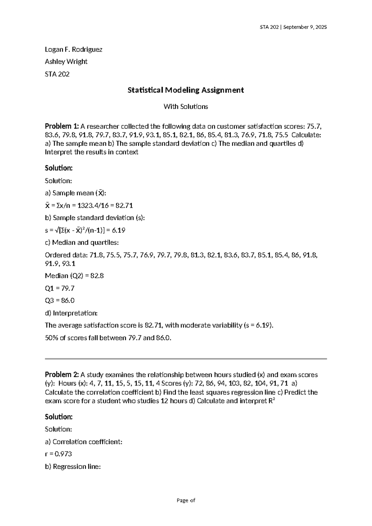 STA 202 Statistical Modeling Assignment Solutions - September 2025 ...