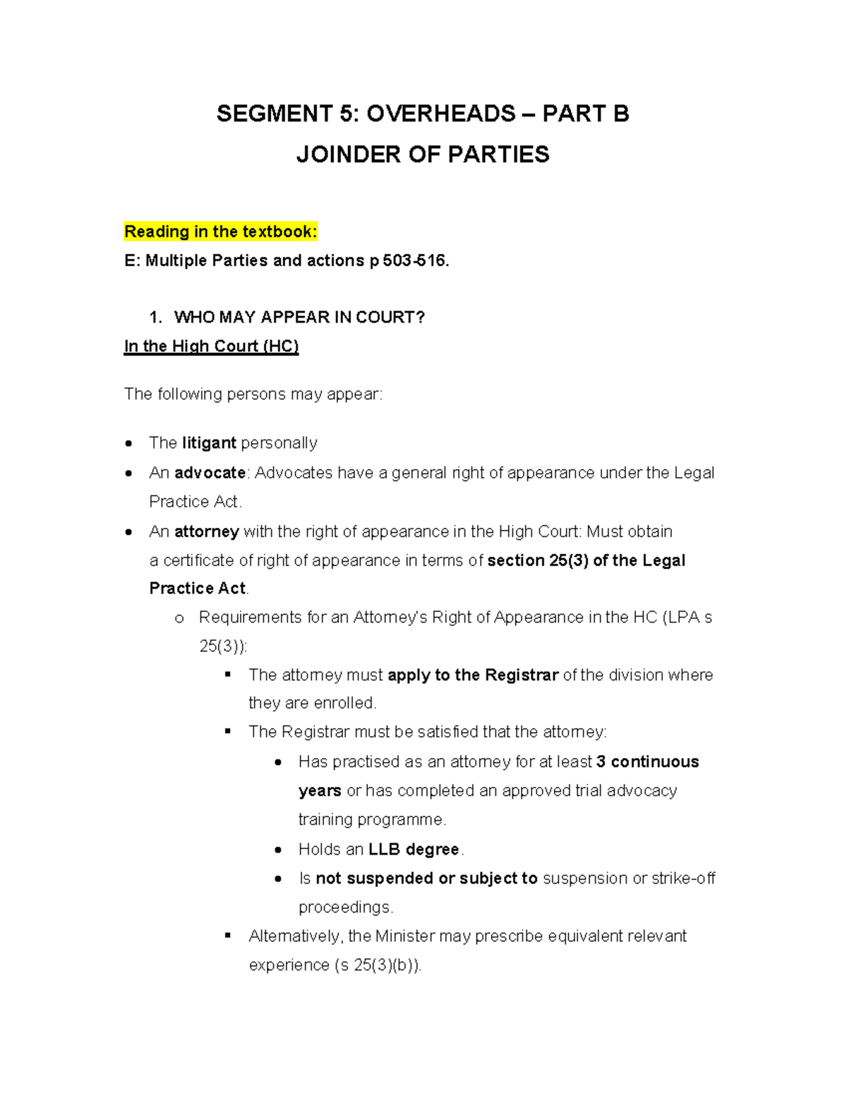 Segment 5: Overheads Part B - Joinder of Parties in Legal Proceedings ...