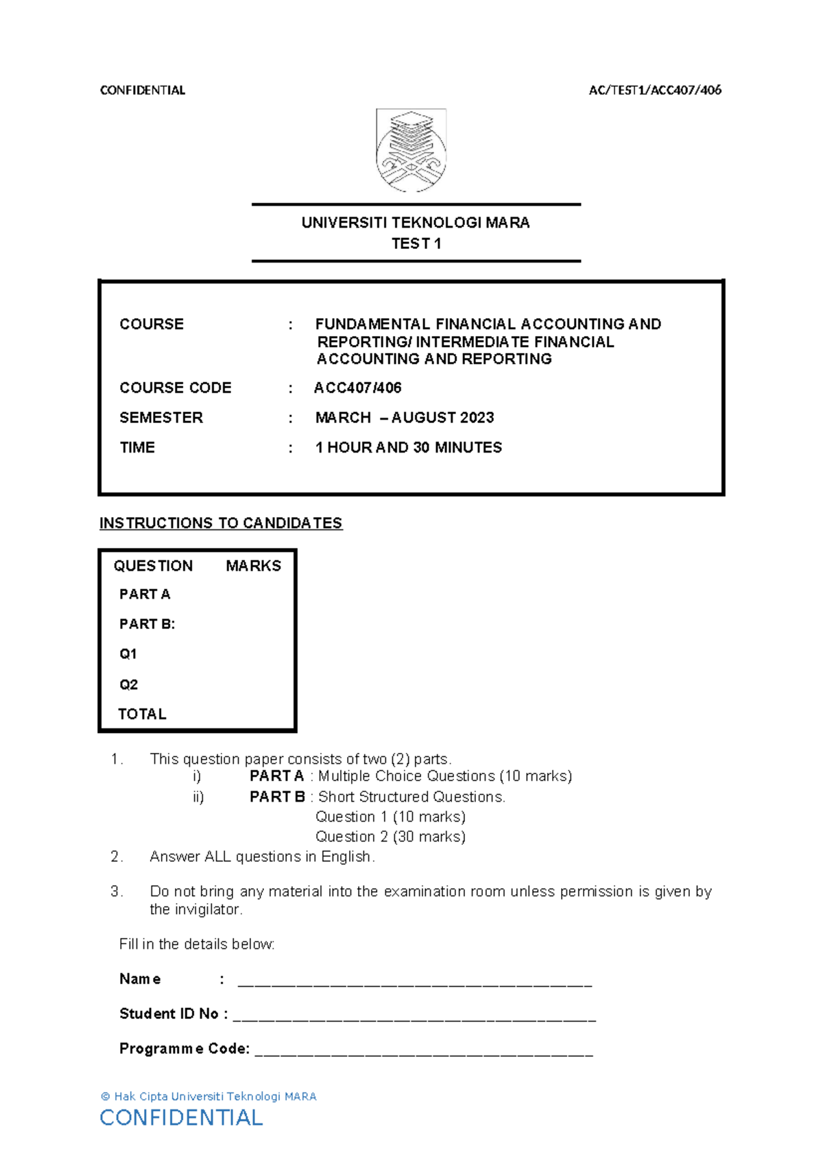 ACC407 TEST 1: FUNDAMENTAL & INTERMEDIATE FINANCIAL ACCOUNTING - Studocu