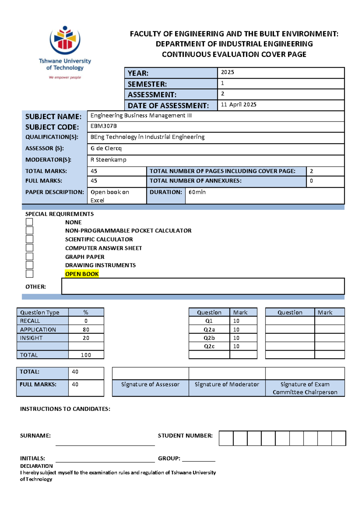 EBM307B Continuous Evaluation Cover Page - Test 2 April 2025 - Studocu