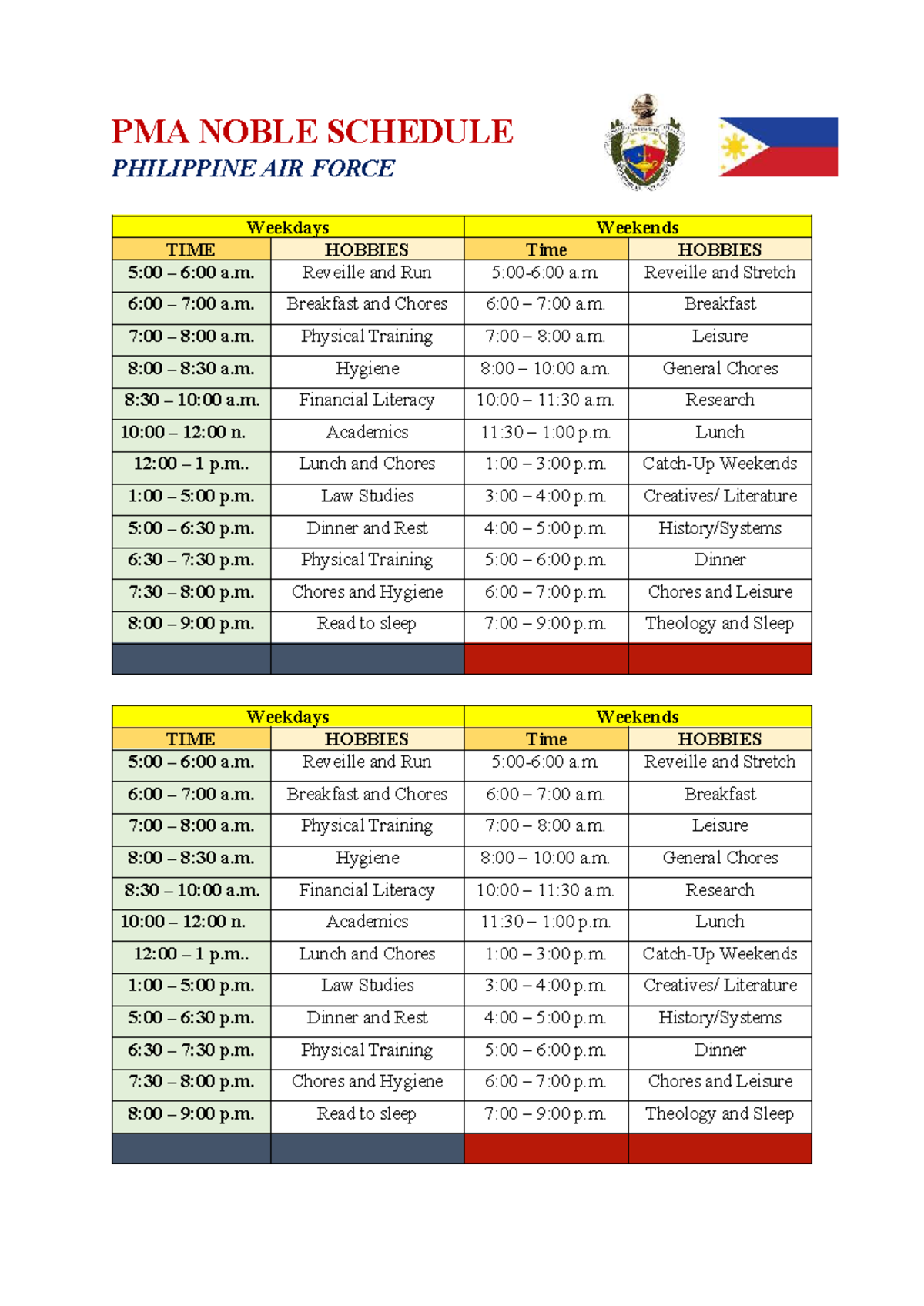 PMA NOBLE SCHEDULE: Daily Routine for Philippine Air Force - Studocu