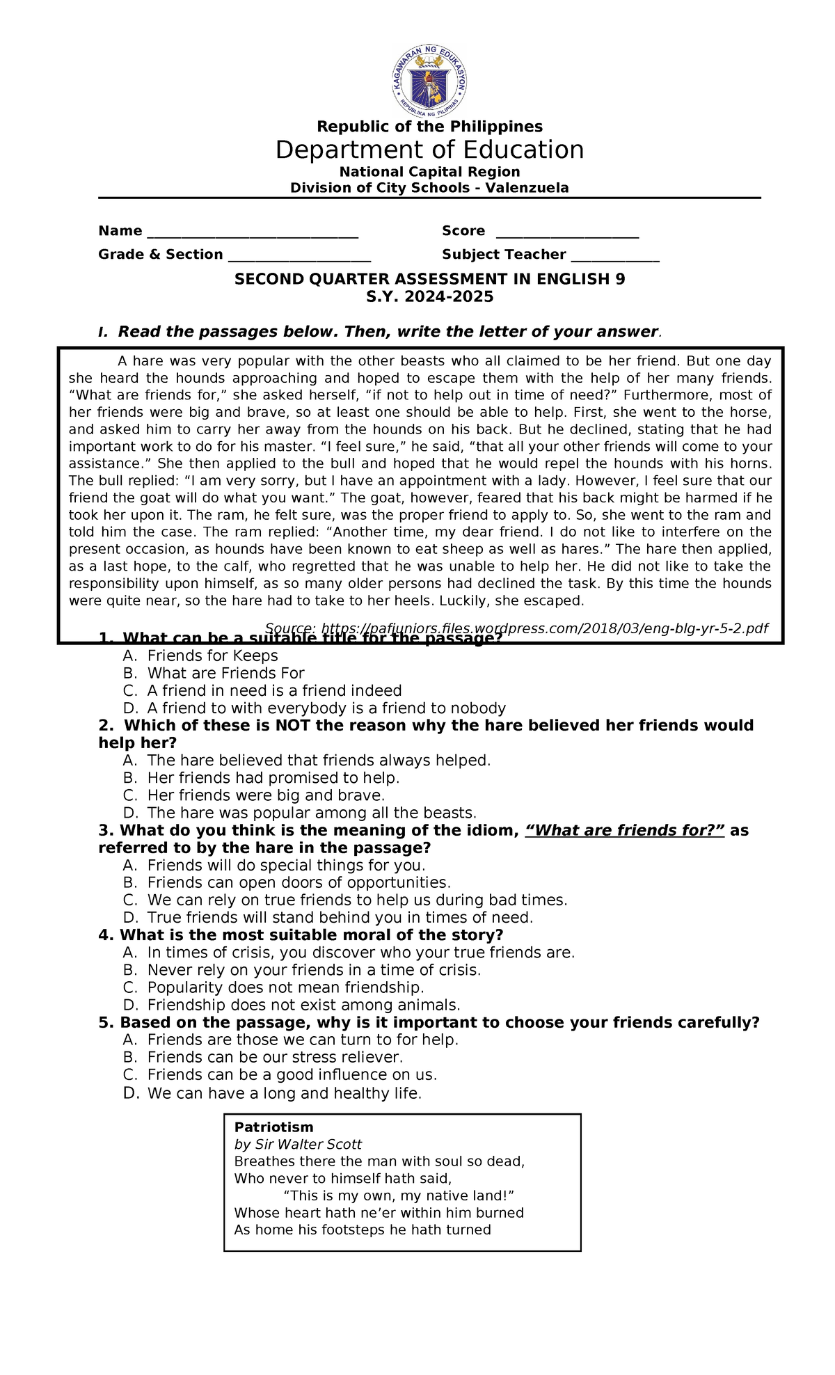 Second Quarter Assessment in English 9 SY 2024-2025 - Studocu