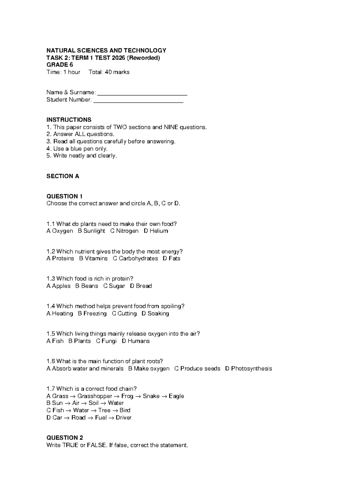 Grade 6 NST Term 1 Test: Natural Sciences & Technology 2026 - Studocu