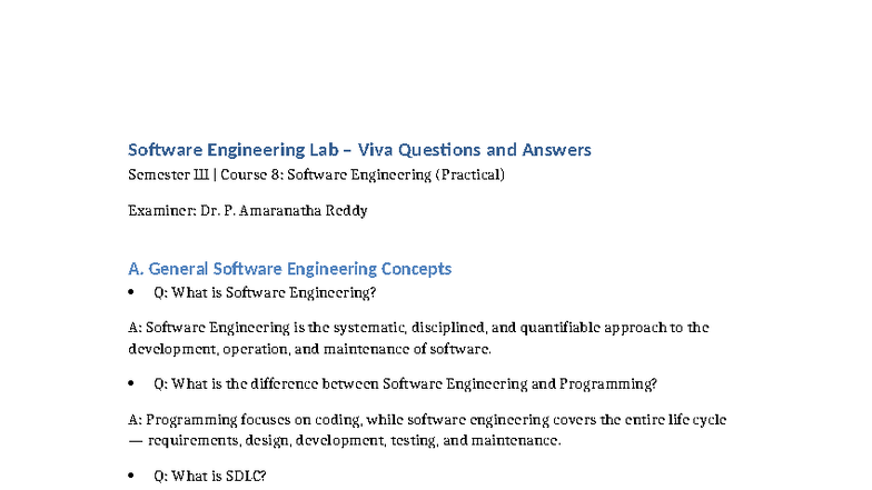 Software Engineering Lab Viva Q&A - Sem 8: Software Engineering - Studocu