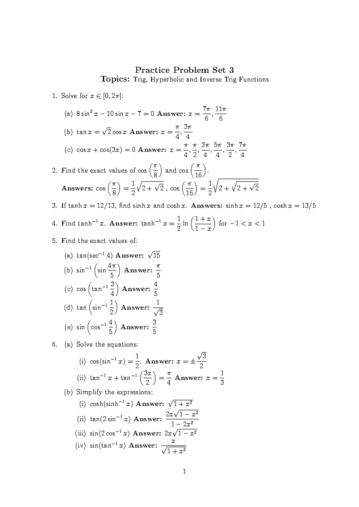 Problem Set 3: Advanced Trig Functions Analysis and Solutions - Studocu