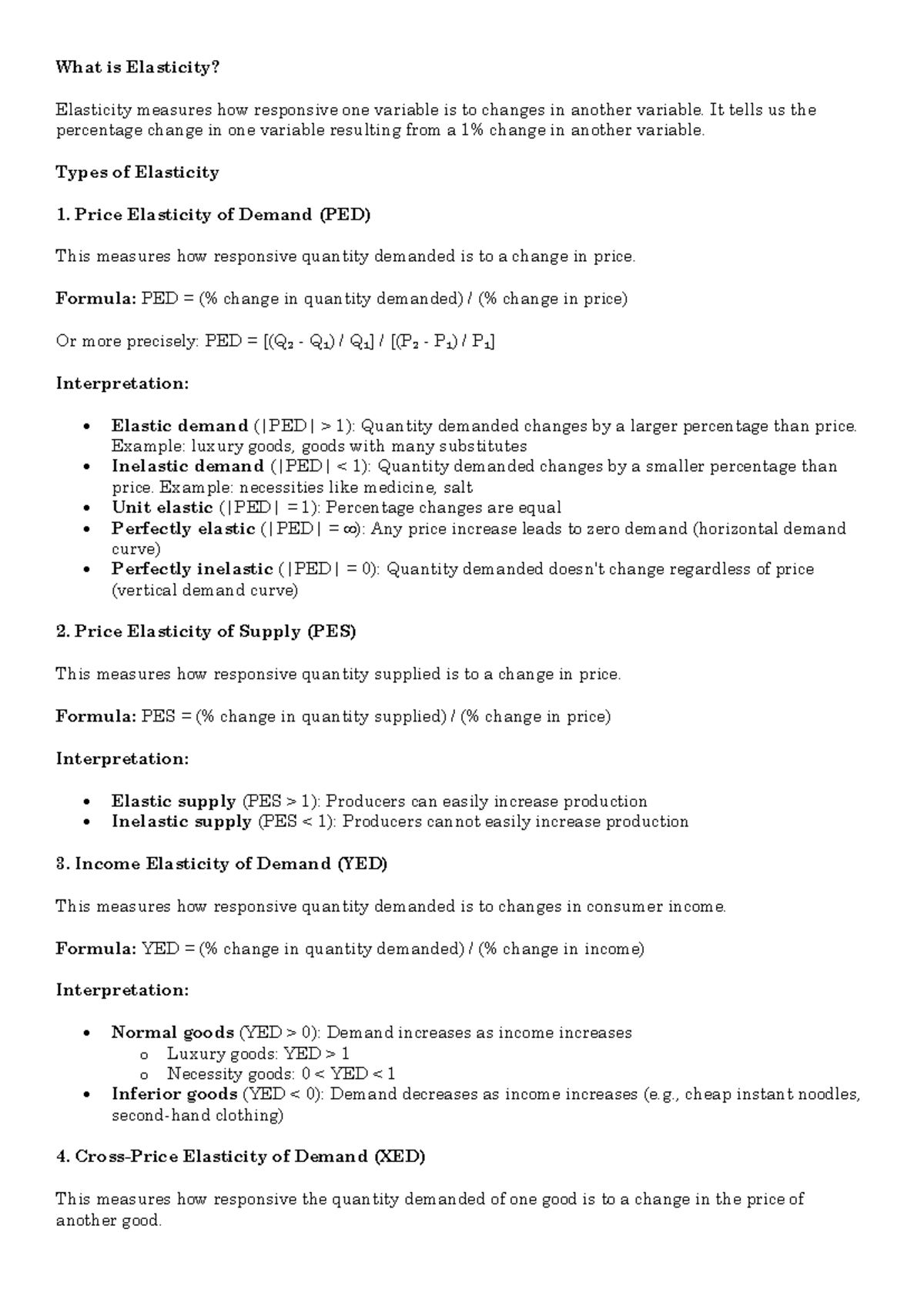 Microeconomics: Elasticity Concepts and Notes - Studocu