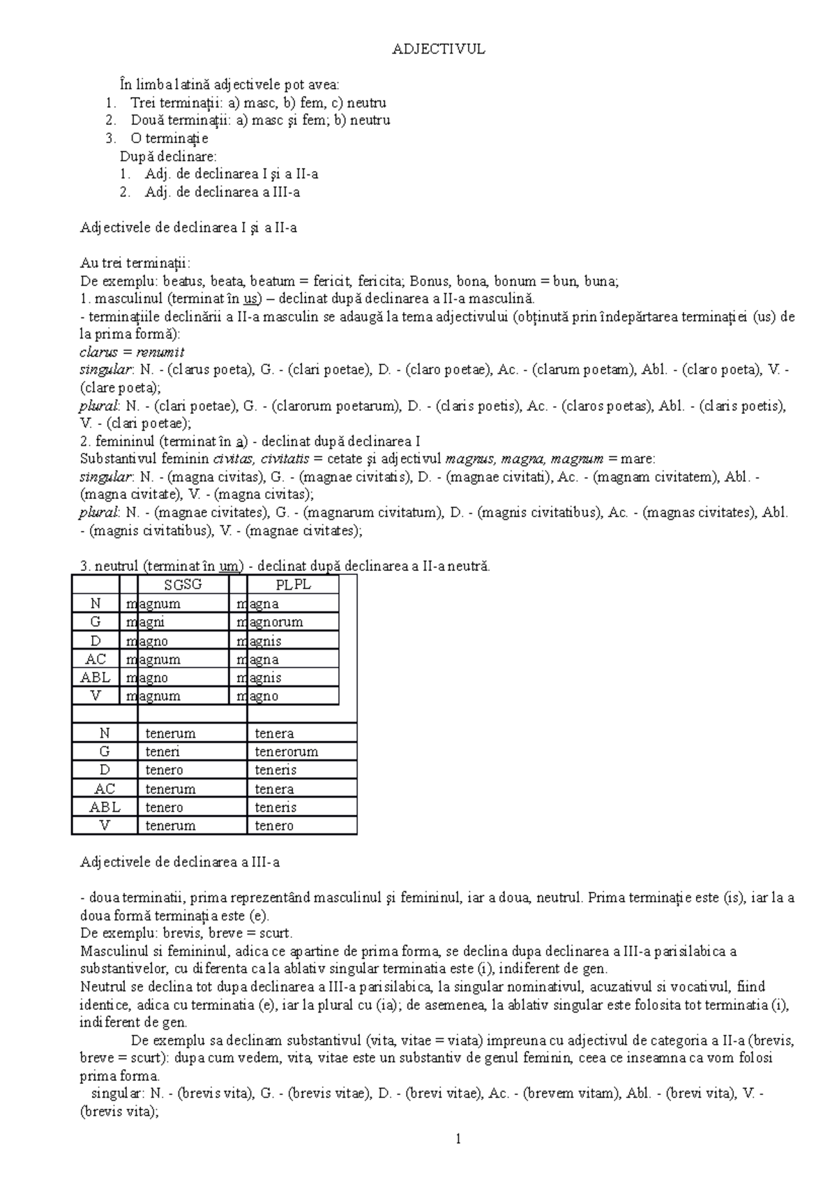 248076032 Adjectivele în Limba Latină: Tipuri și Declinare - Studocu