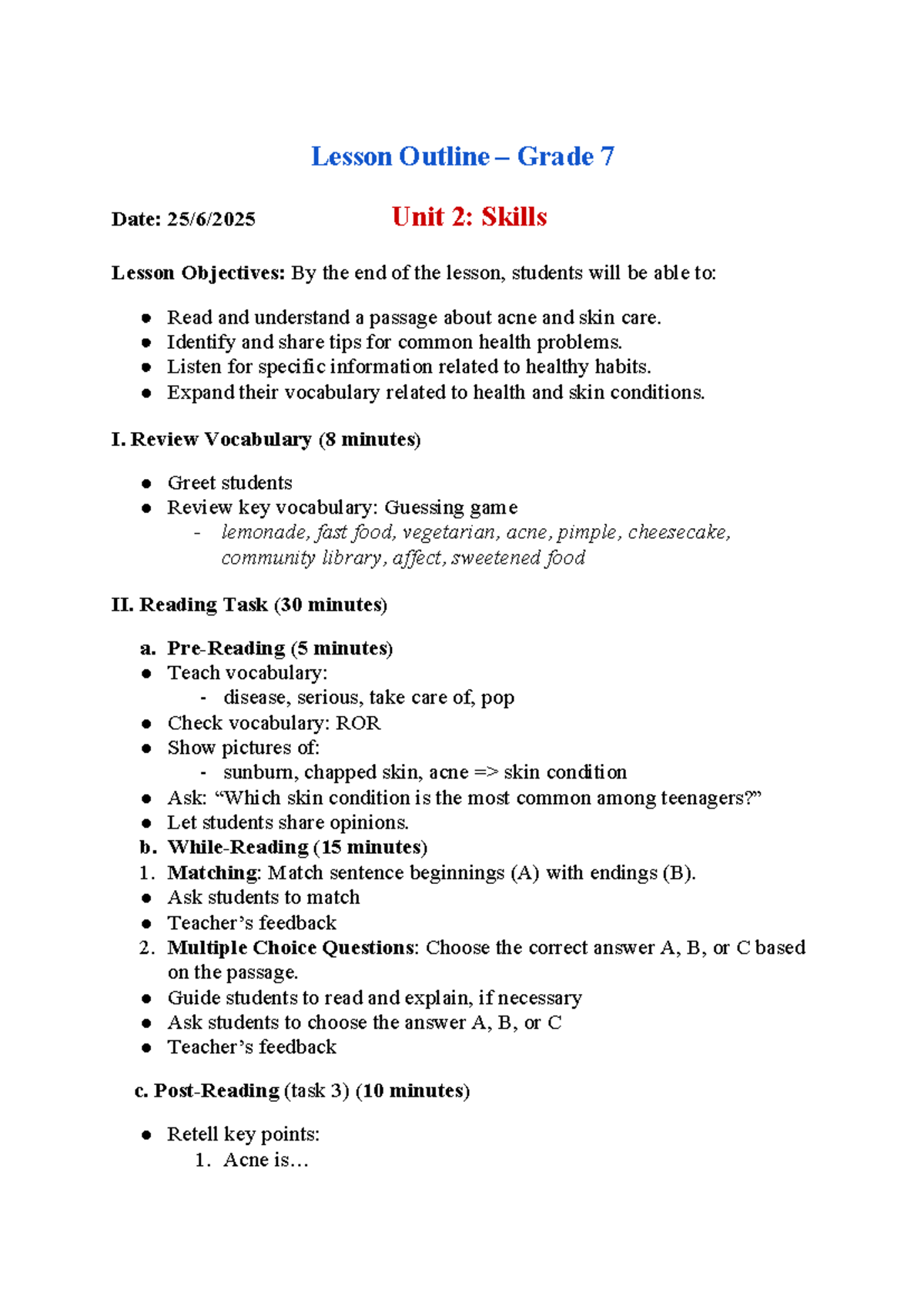 Grade 7 Lesson Outline: Unit 2 - Health & Skin Care Skills - Studocu