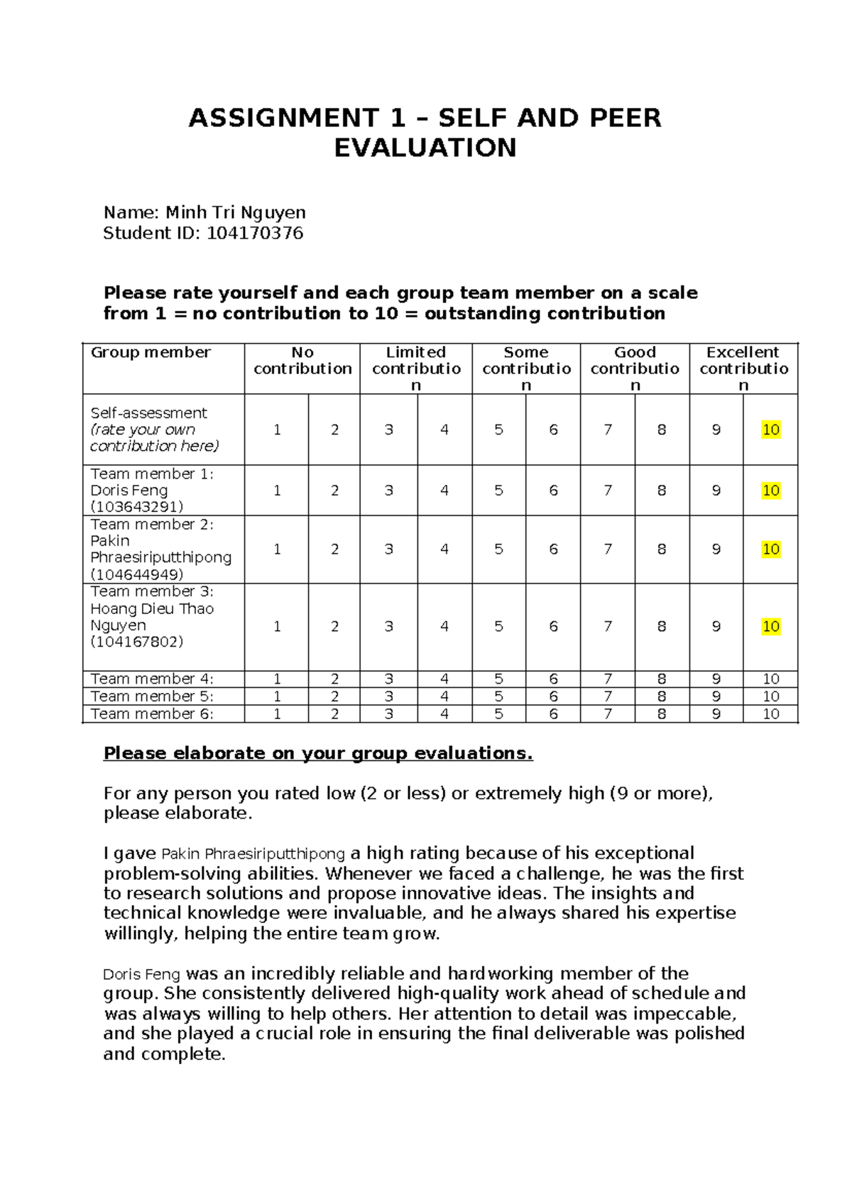 Assignment 1: Self and Peer Evaluation by Minh Tri Nguyen (104170376 ...