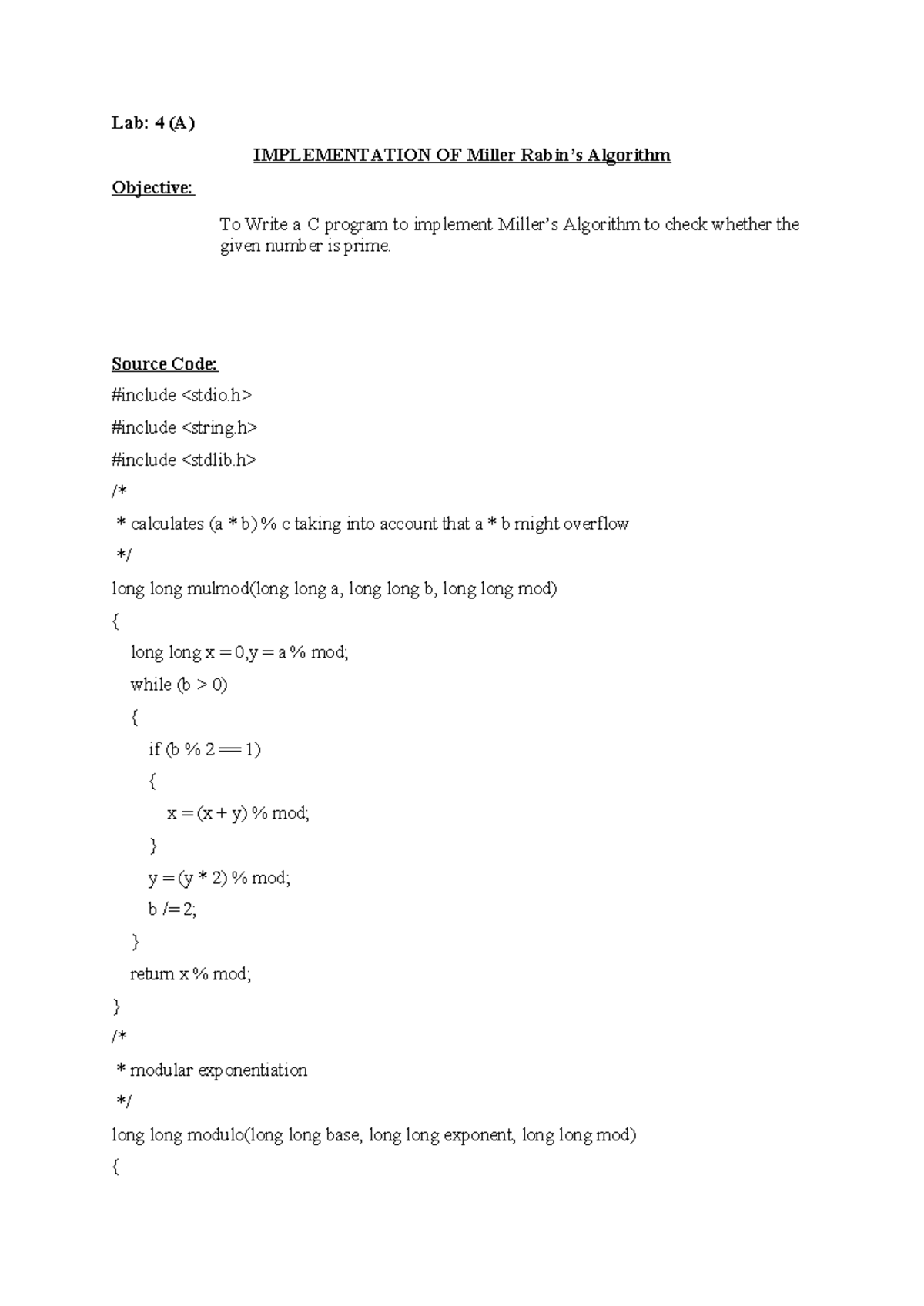Lab 4: Implementation of Miller & RSA Algorithms in C - Studocu