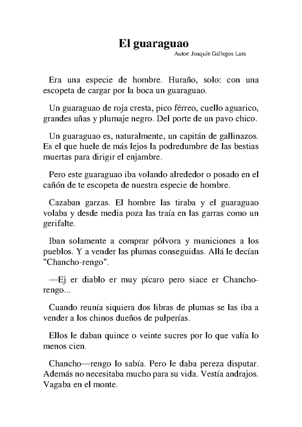 Análisis de "El Guaraguao" - Joaquín Gallegos Lara - Studocu