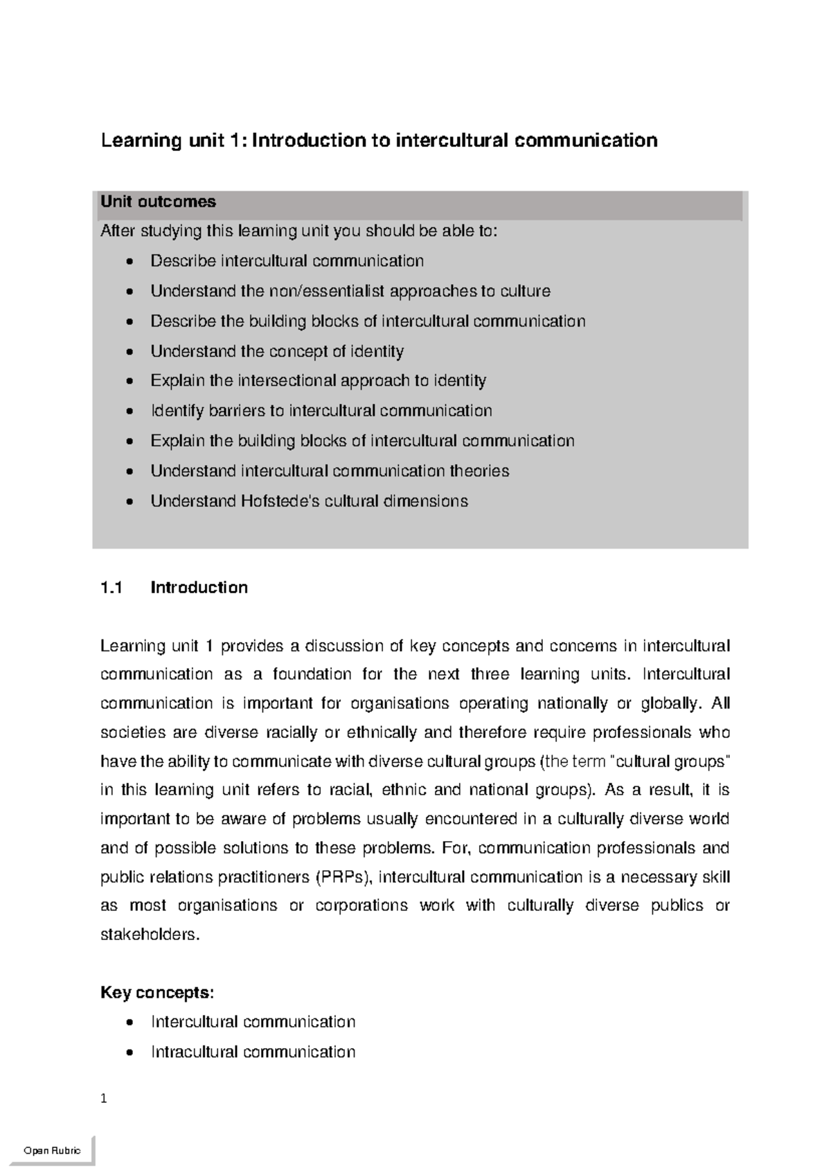 Intercultural Communication: A Study Guide for Learning Unit 1 - Studocu