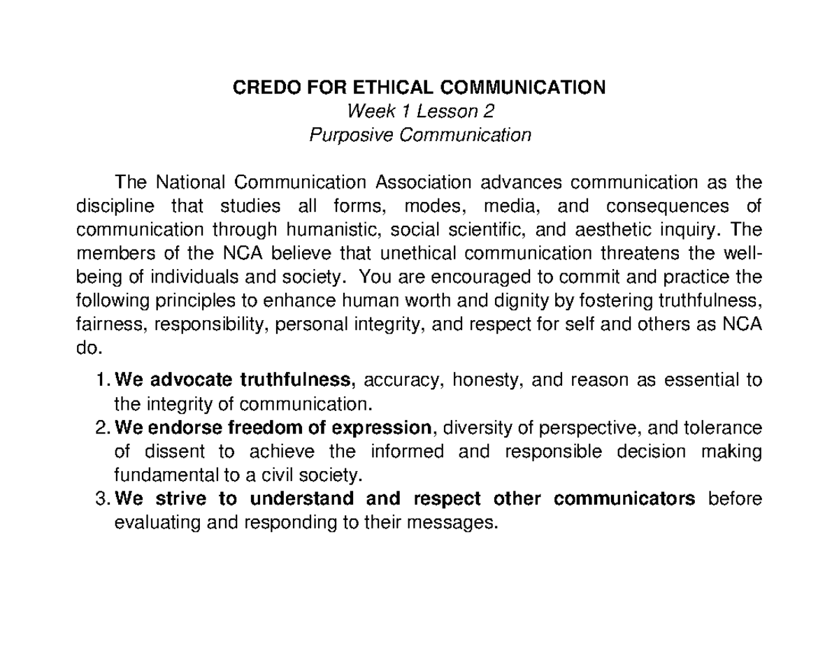 NCA Principles of Ethical Communication - Week 1 Lesson Notes - Studocu